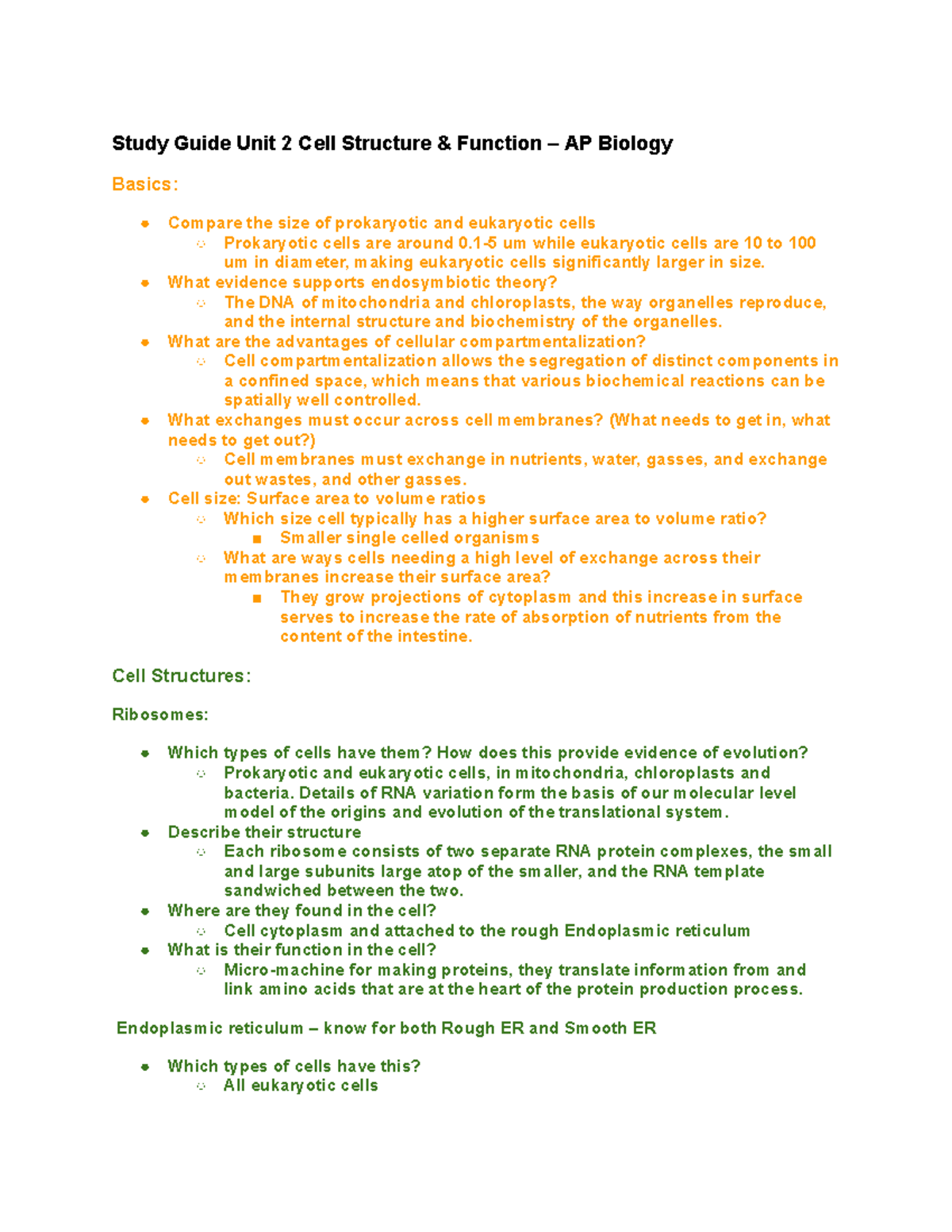 Study Guide Unit 2 Cell Structure & Function – AP Biology - Study Guide ...