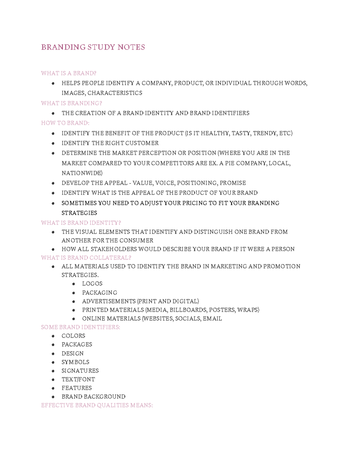 Branding - Study Notes - BRANDING STUDY NOTES WHAT IS A BRAND? HELPS ...