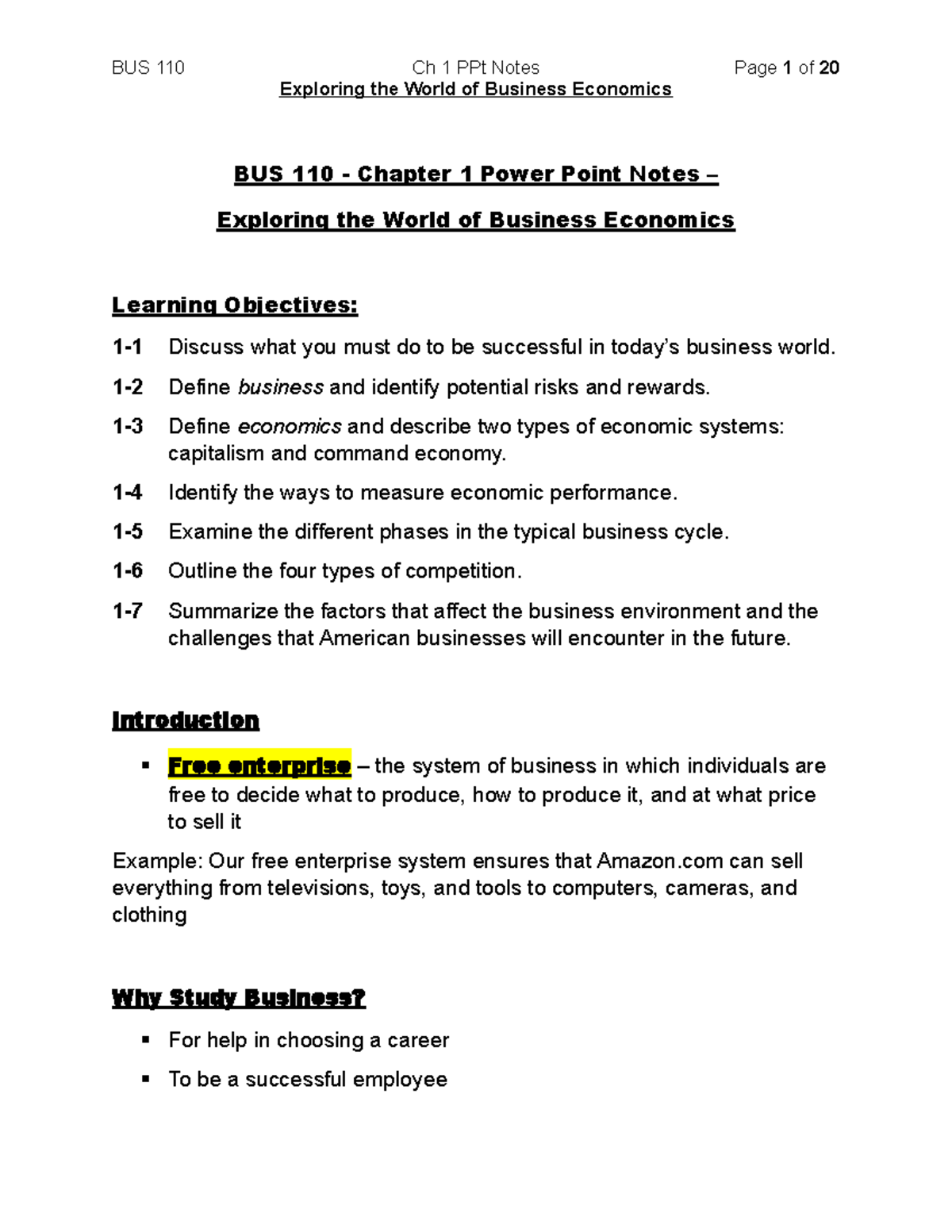 Chap 1 PPt Notes - Exploring the World of Business Economics BUS 110 ...