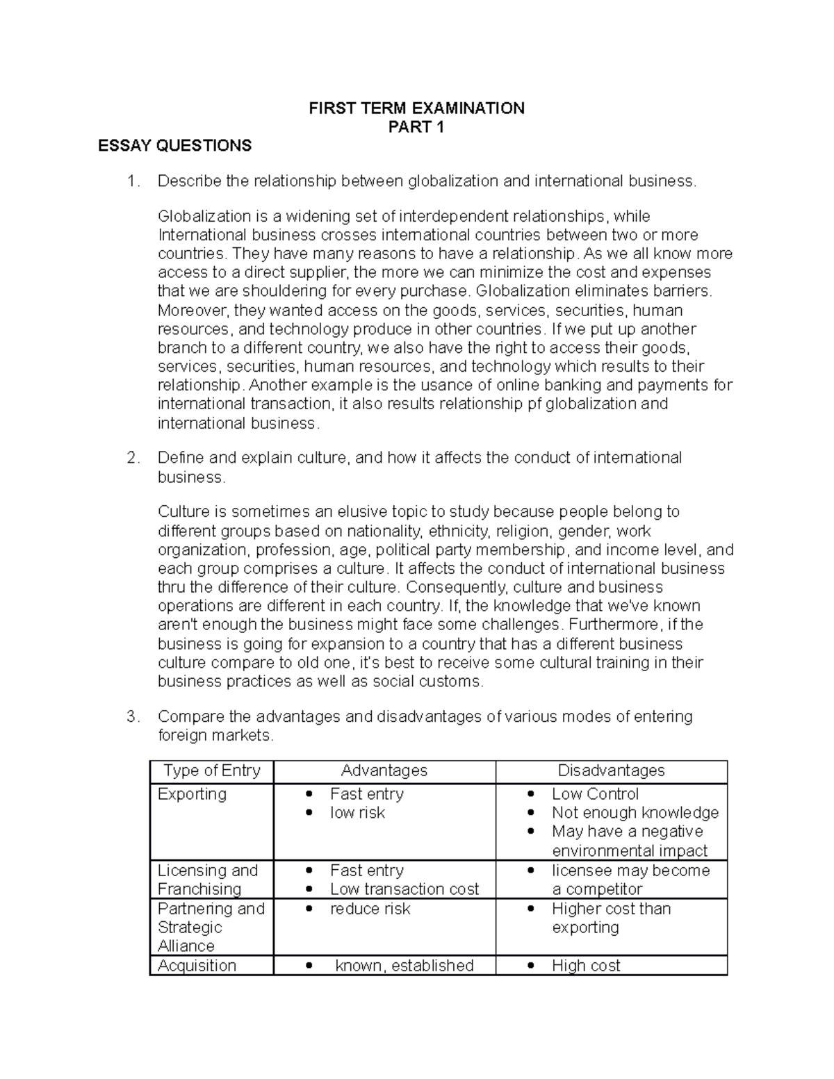 Essay - Grade: B+ - FIRST TERM EXAMINATION PART 1 ESSAY QUESTIONS ...