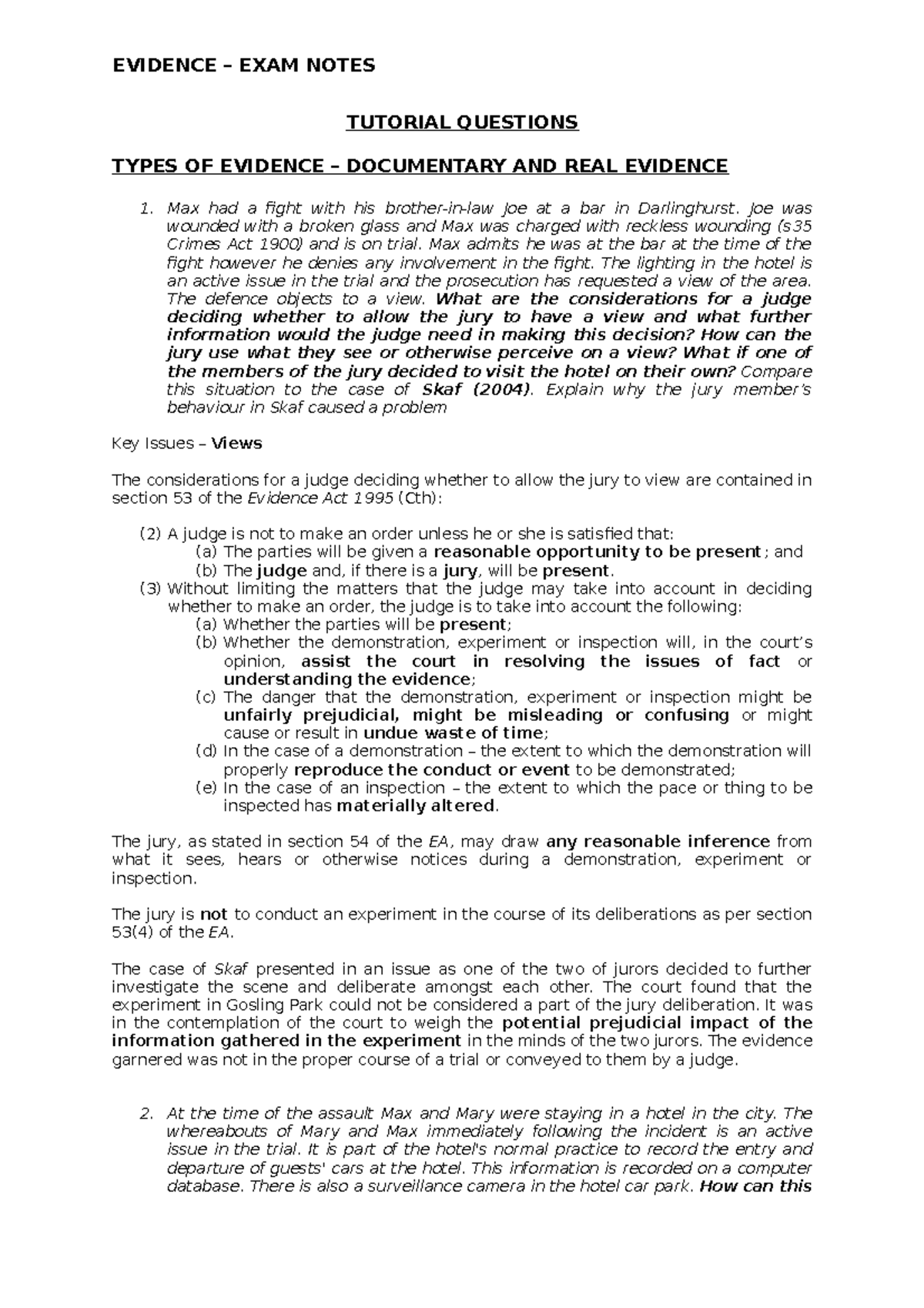 Evidence EXAM Notes - Tutorial Questions - EVIDENCE – EXAM NOTES ...