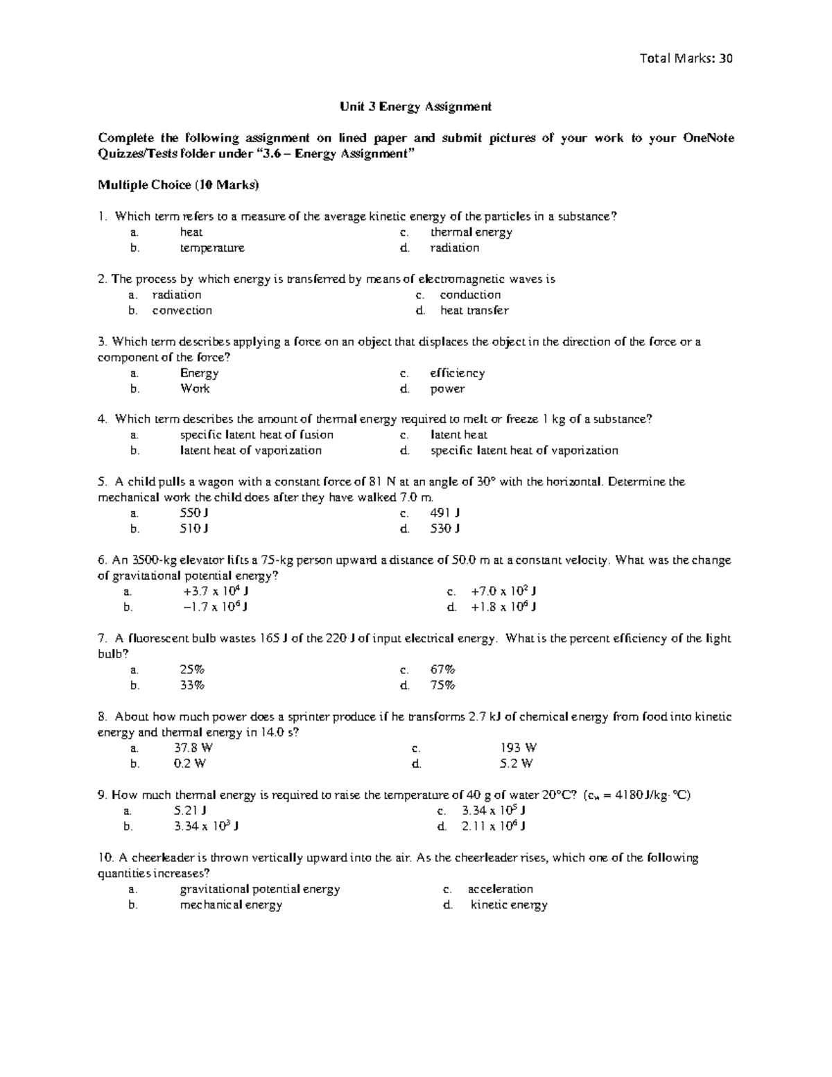 Unit 3 Assignment - SPH3U-4C - Total Marks: 30 Unit 3 Energy Assignment ...