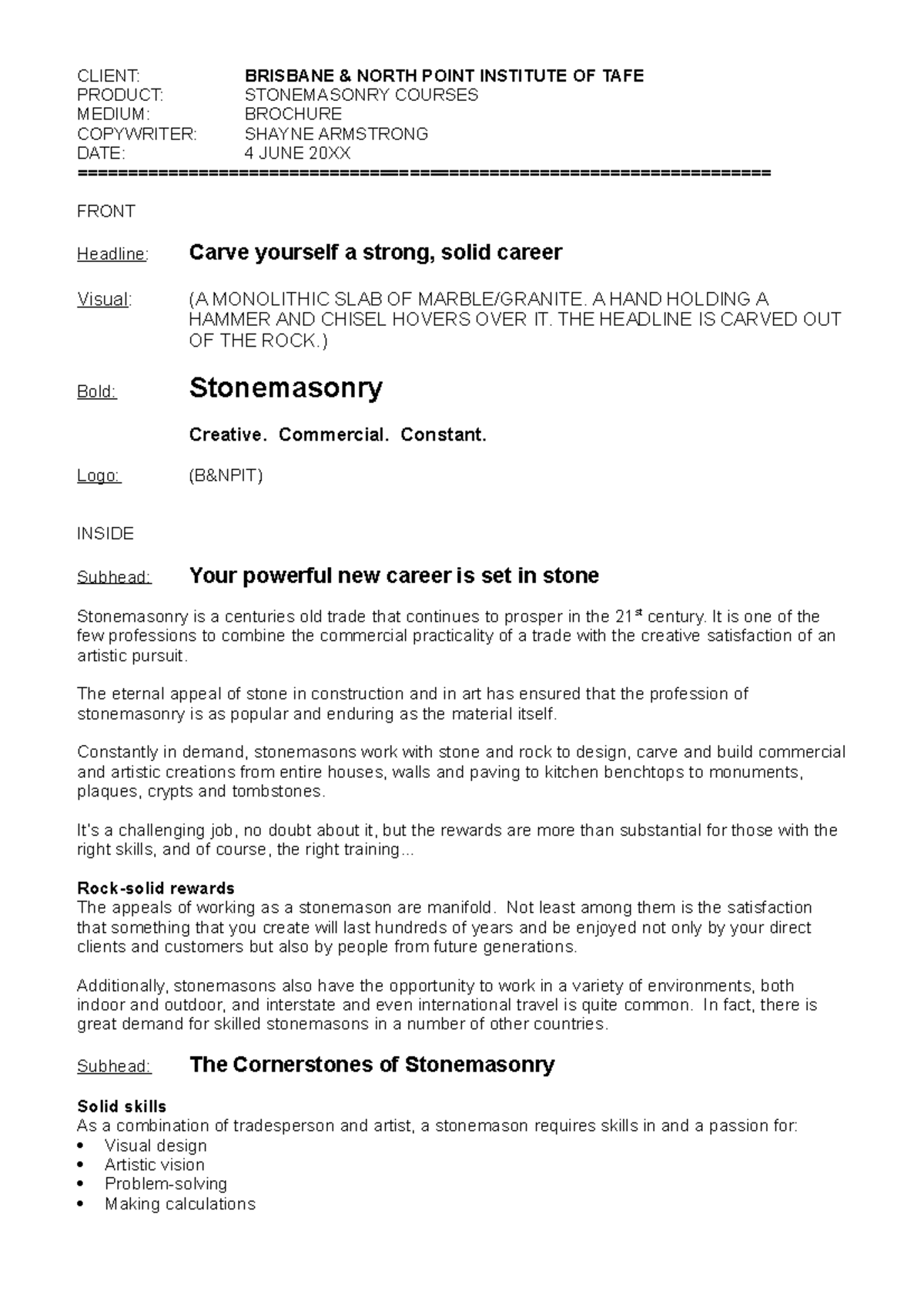 Brochuresample 2 - Example for the last assignment - CLIENT: BRISBANE ...