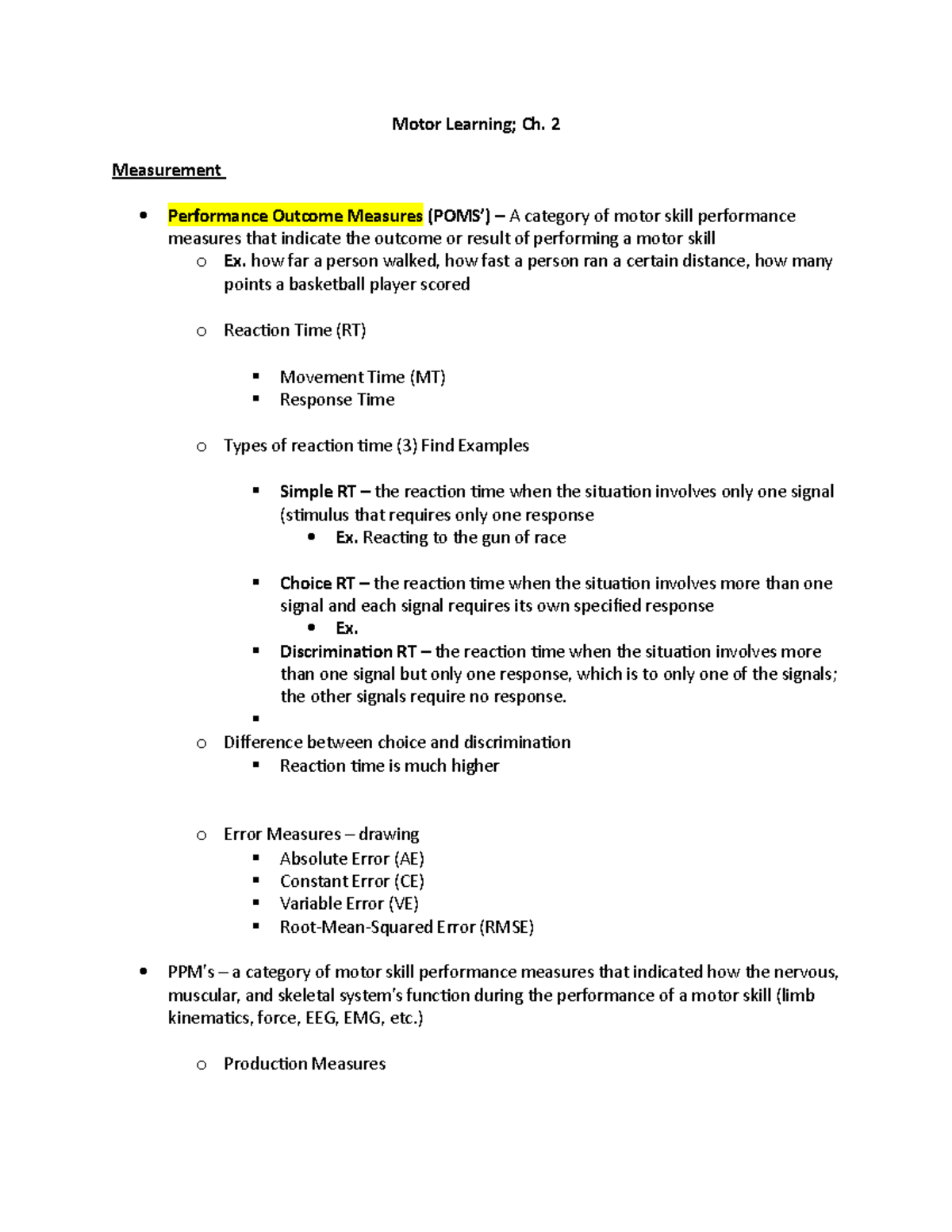 Ch. 2 - Motor Learning - Lecture notes Chapter 2 - Motor Learning; Ch ...