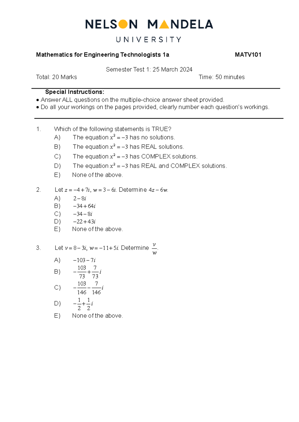 Test 1 + memo 090f9a7e290f9834a9421853 a3aef77b - Mathematics for ...