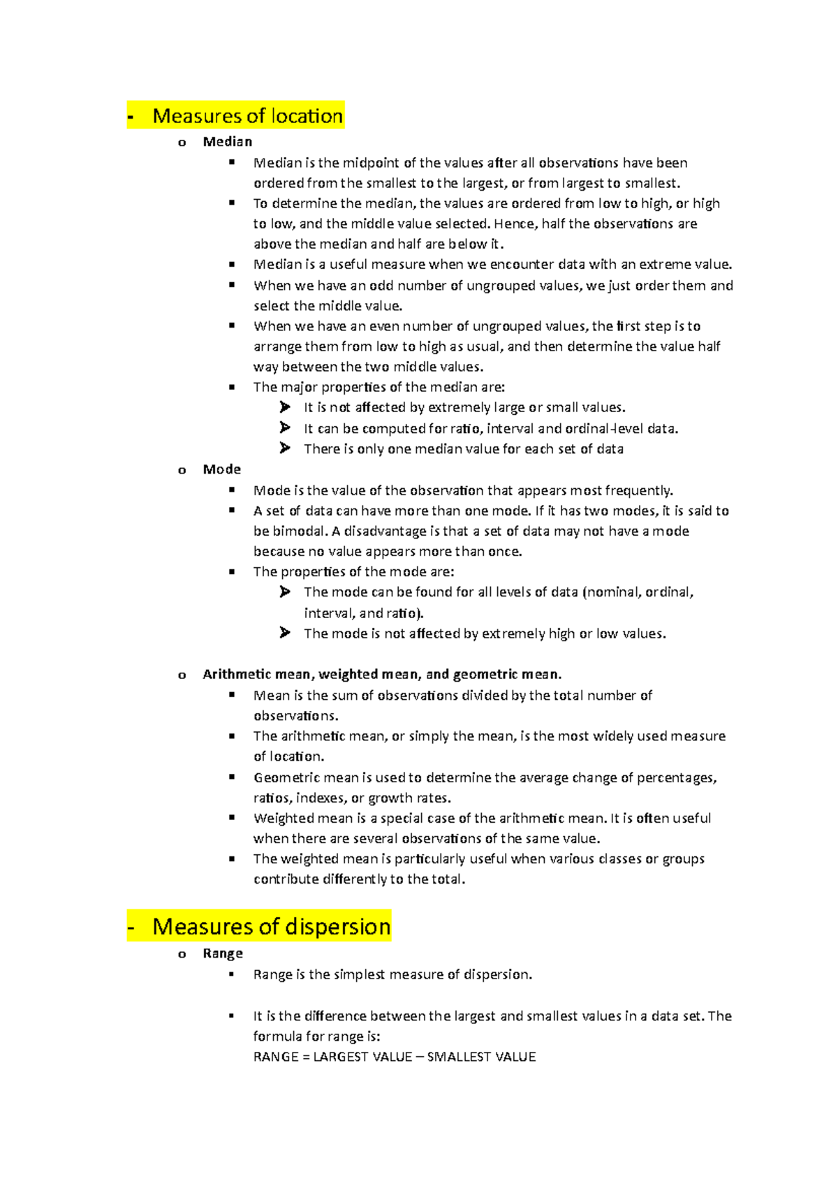 Revision document - BUS105 notes - Measures of location o Median Median ...