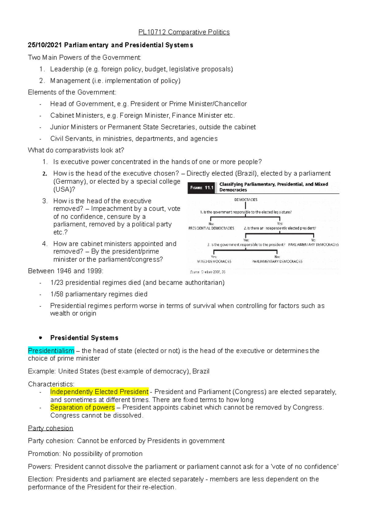 Lecture 4: Parliamentary and Presidential Systems - PL10712 Comparative ...