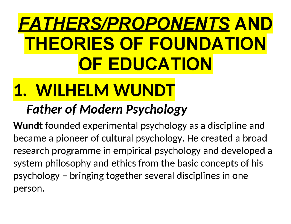 Proponents IN Education - FATHERS/PROPONENTS AND THEORIES OF FOUNDATION ...