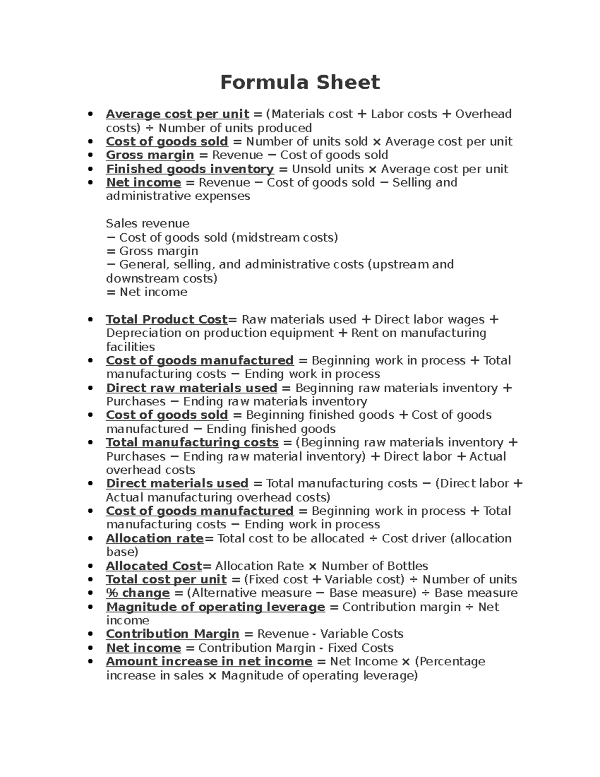 Formulas and definitions - Formula Sheet Average cost per unit ...