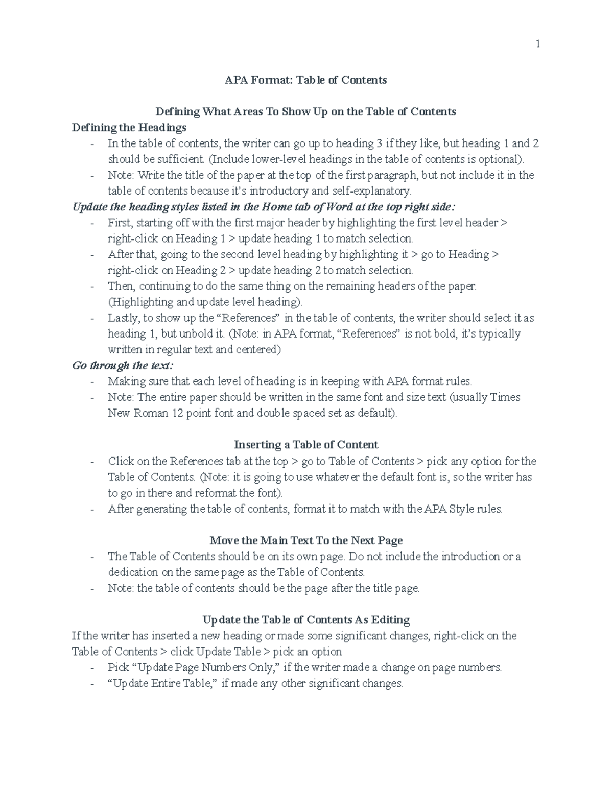 Table of Content (Note) - 1 APA Format: Table of Contents Defining What ...