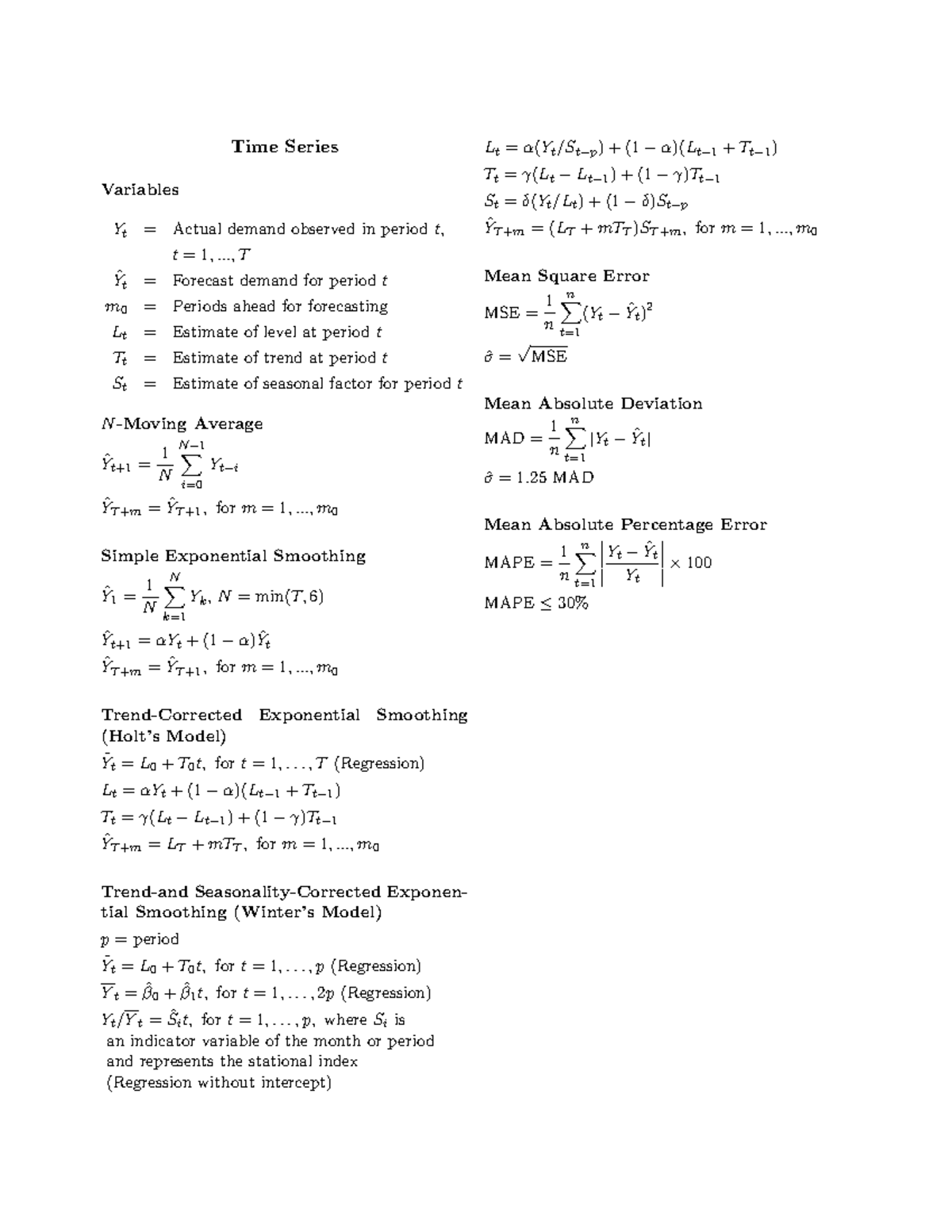 TSFormulas - Time Series Variables Yt = Actual demand observed in period t, t = 1, ..., T ˆ Yt ...