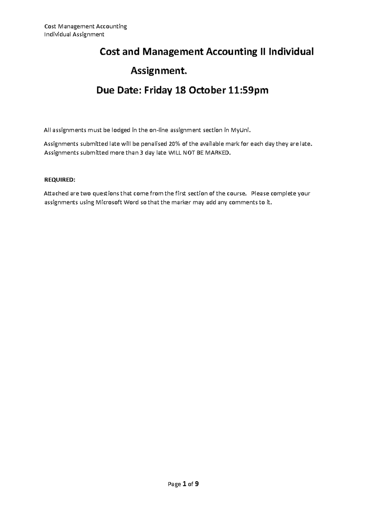 Individual Assignment - Due Date: Friday 18 October 11:59pm All ...