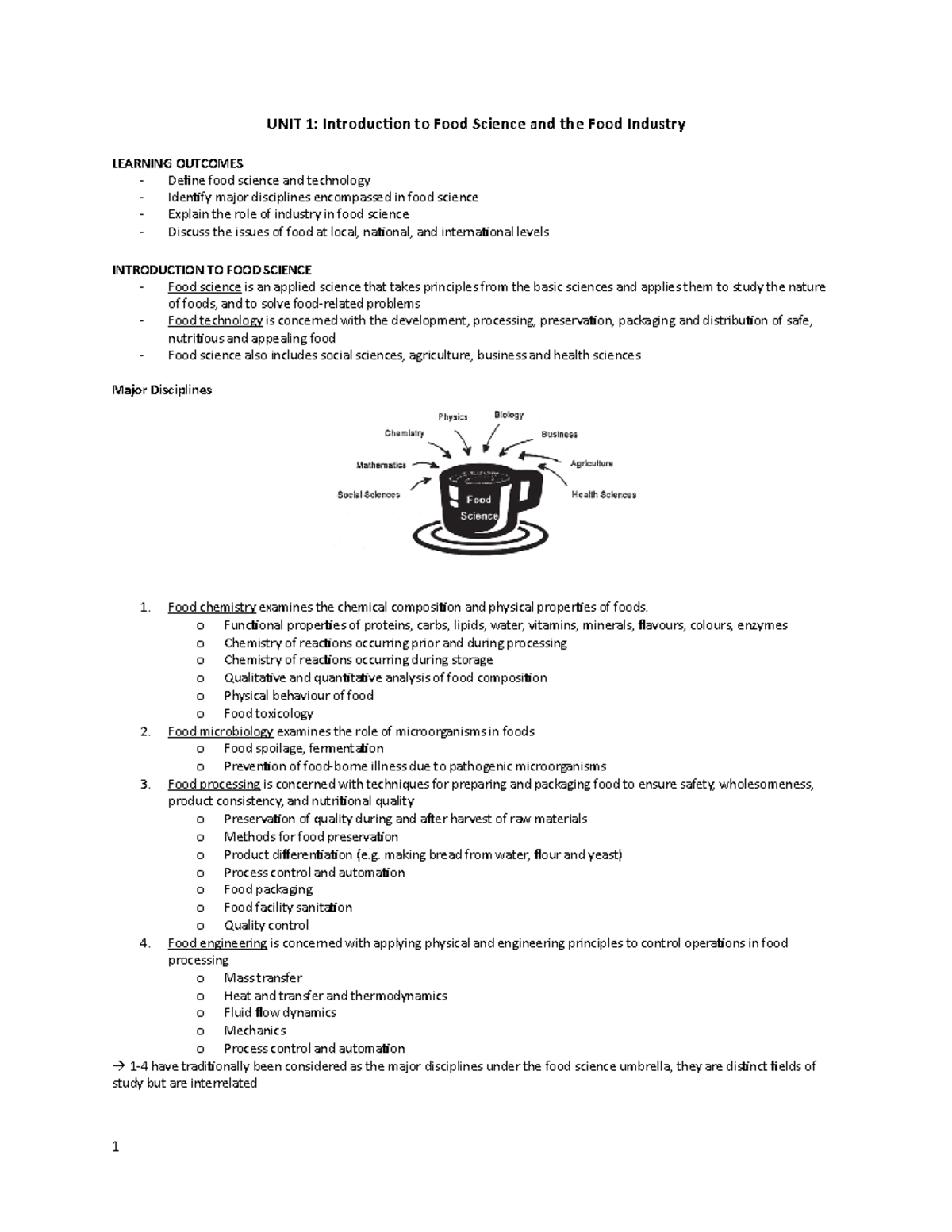 UNIT 1 - Lecture notes 1 - UNIT 1: Introduction to Food Science and the ...