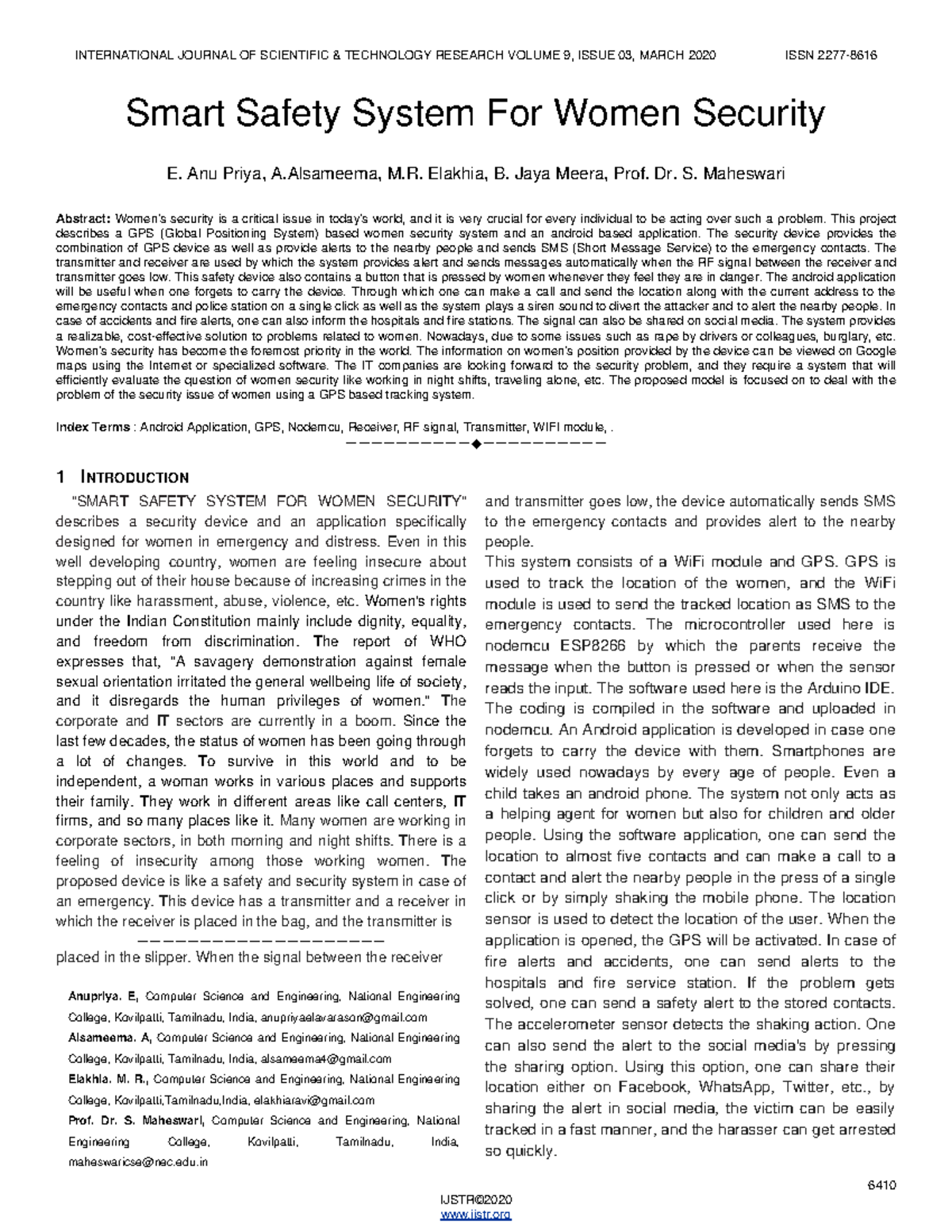 Smart Safety System For Women Security - 6410 IJSTR© Smart Safety ...