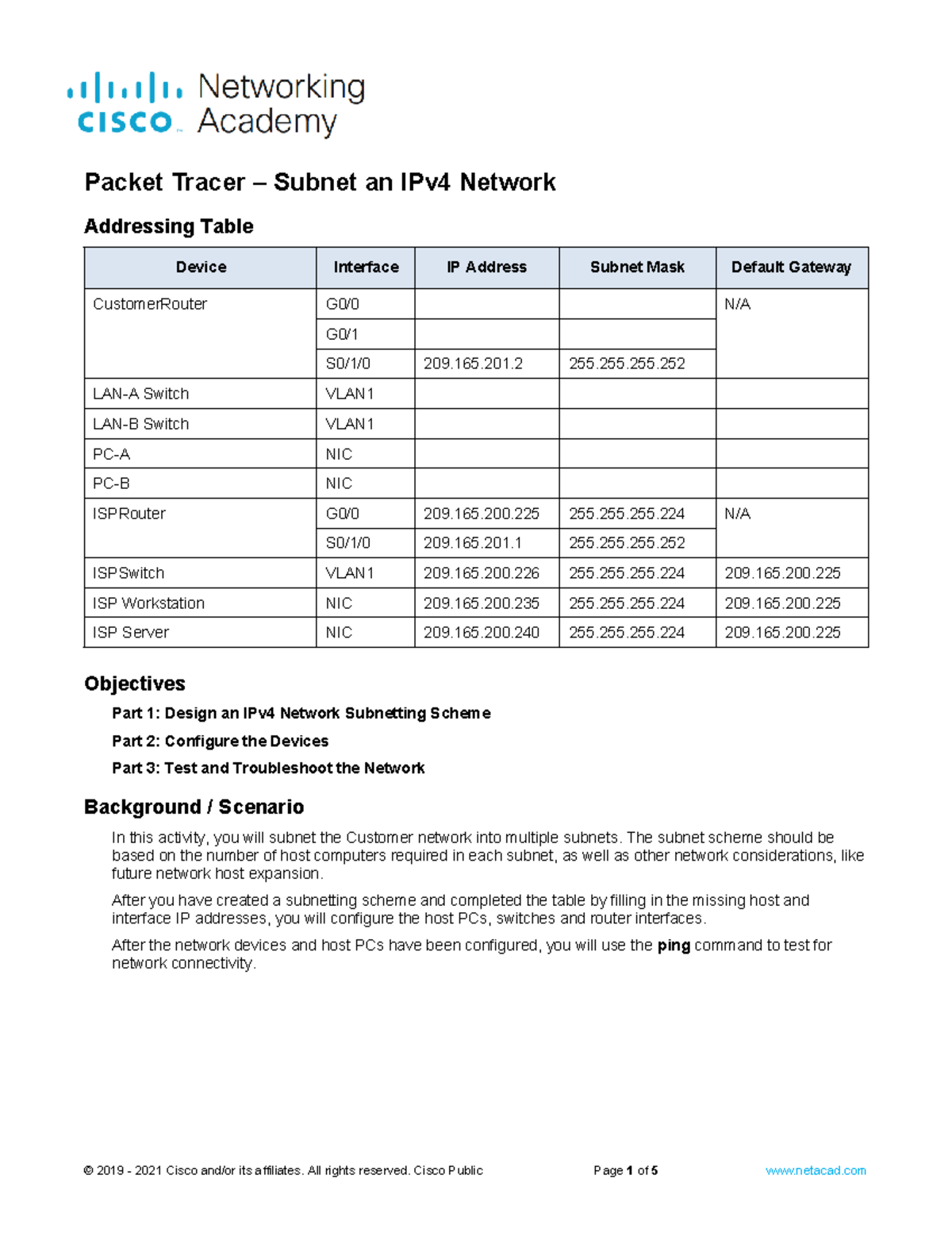 11.5.5 Packet Tracer - Subnet an IPv4 Network - Addressing Table ####### Device Interface IP ...