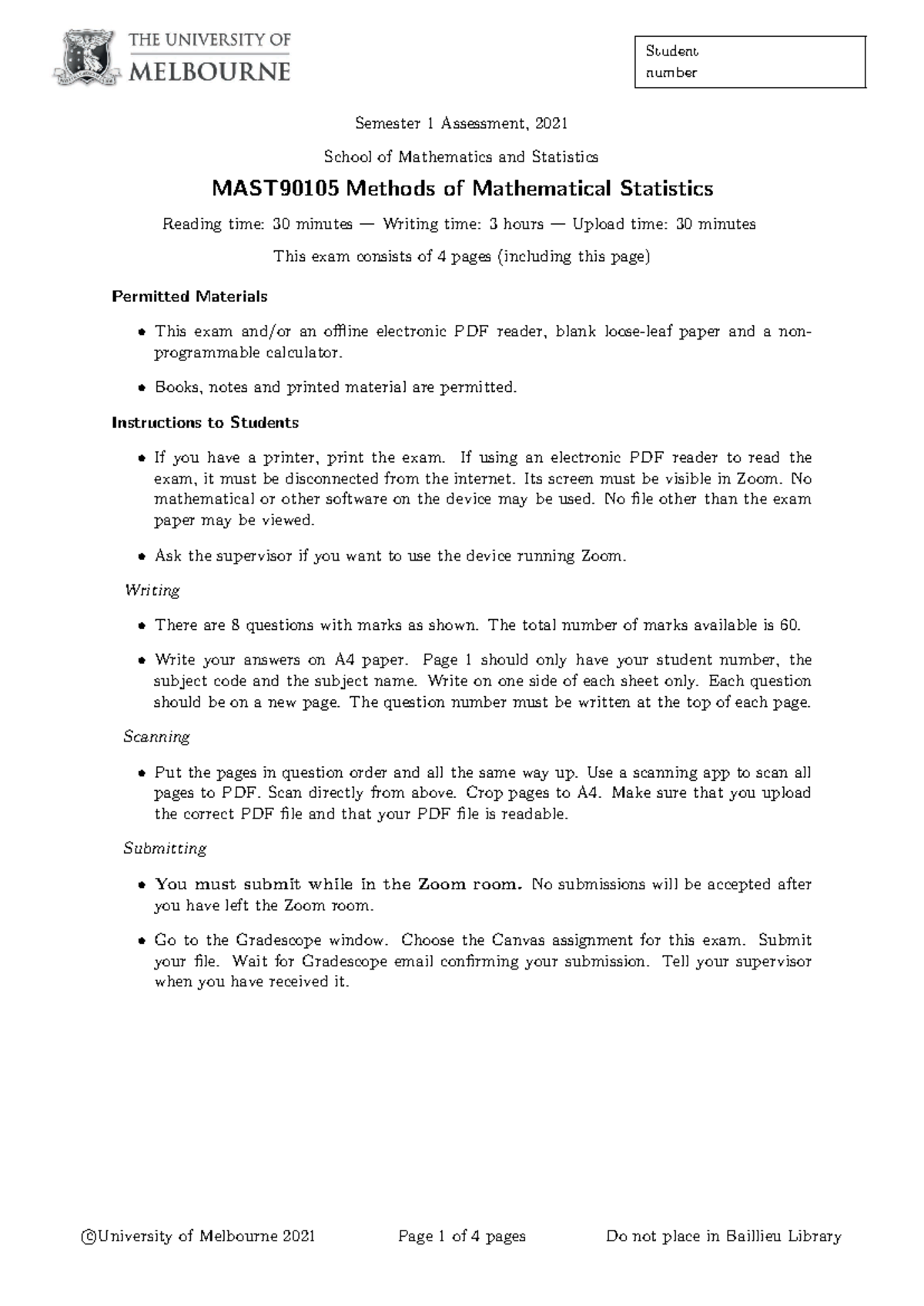 MAST90105 2021 S1 exam paper - Student number Semester 1 Assessment, 2021 School of Mathematics ...