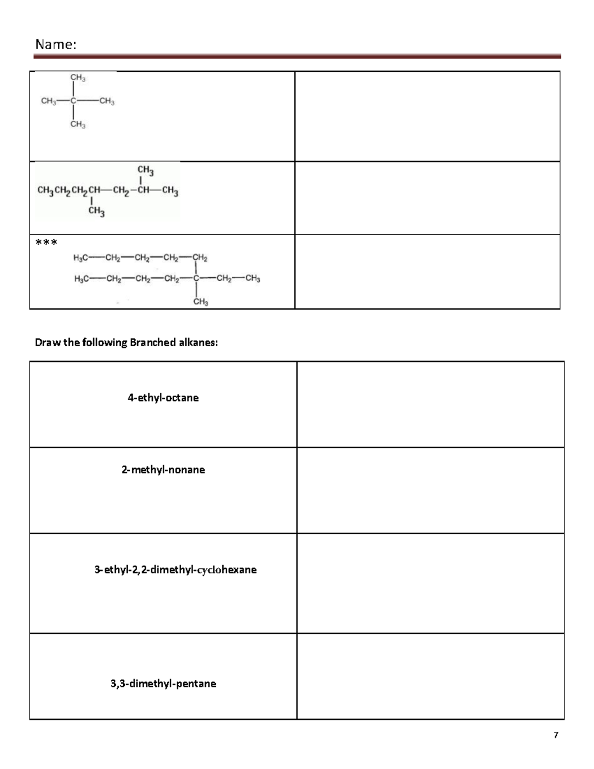 Naming Alkanes - Name: 7 *** Draw the following Branched alkanes: 4 ...