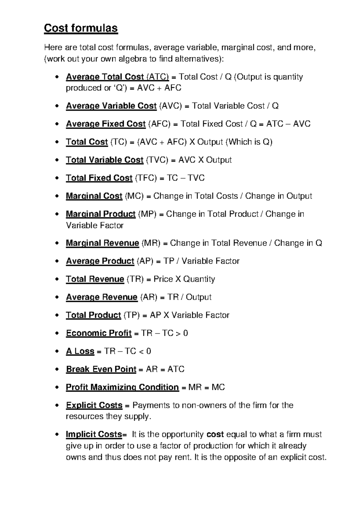 Cost formulas - Cost formulas Here are total cost formulas, average ...