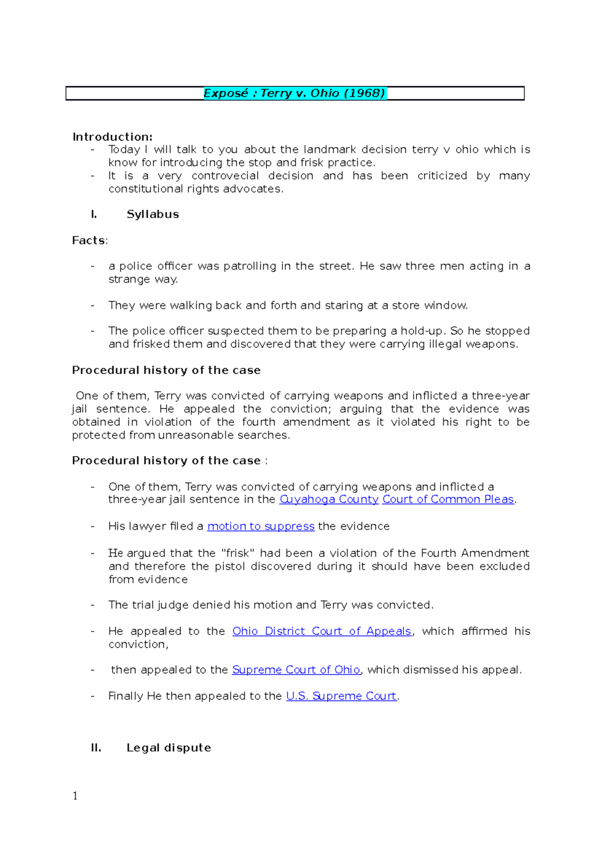ORAL Presentation Terry V Ohio L3 - Exposé : Terry v. Ohio (1968 ...