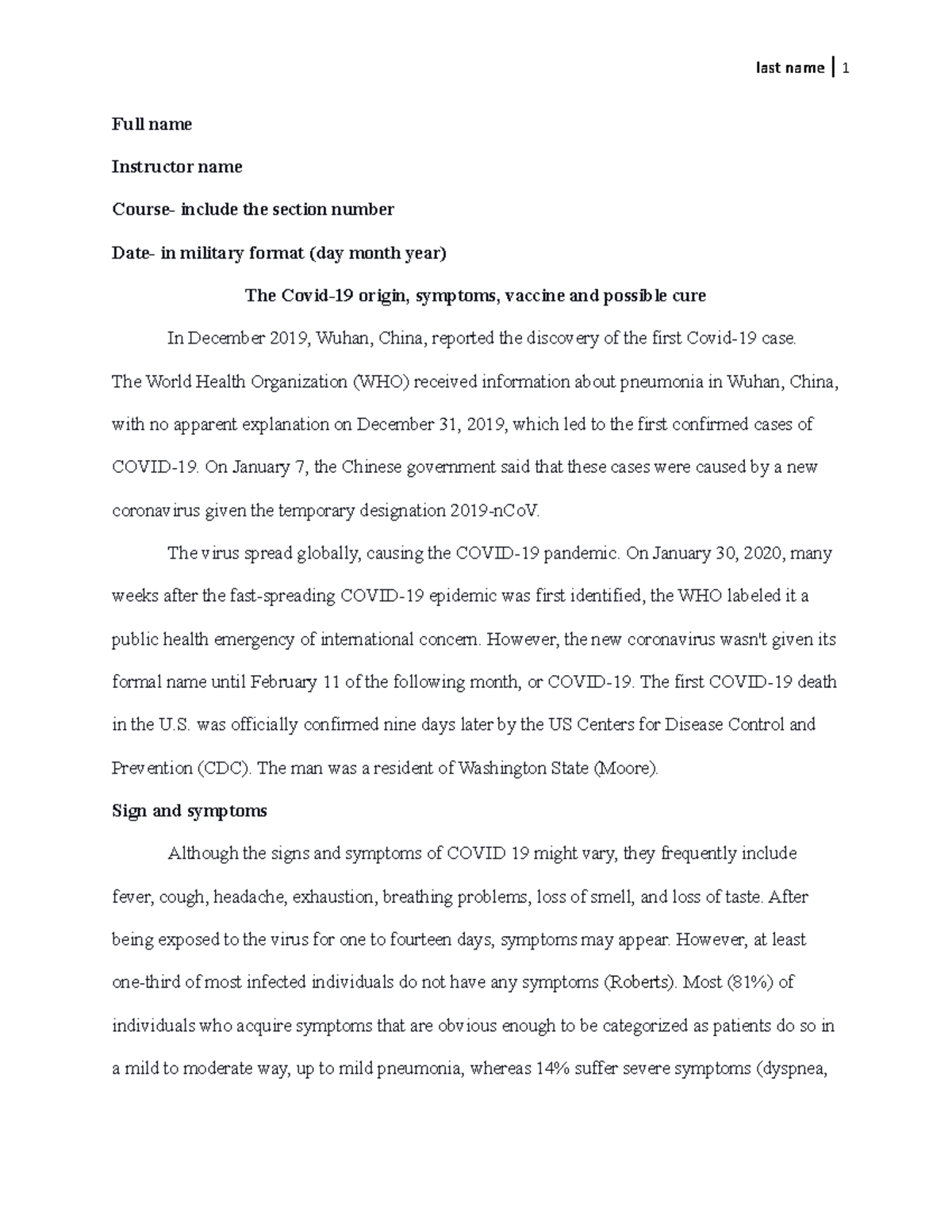 Covid-19 - assignments - Full name Instructor name Course- include the ...