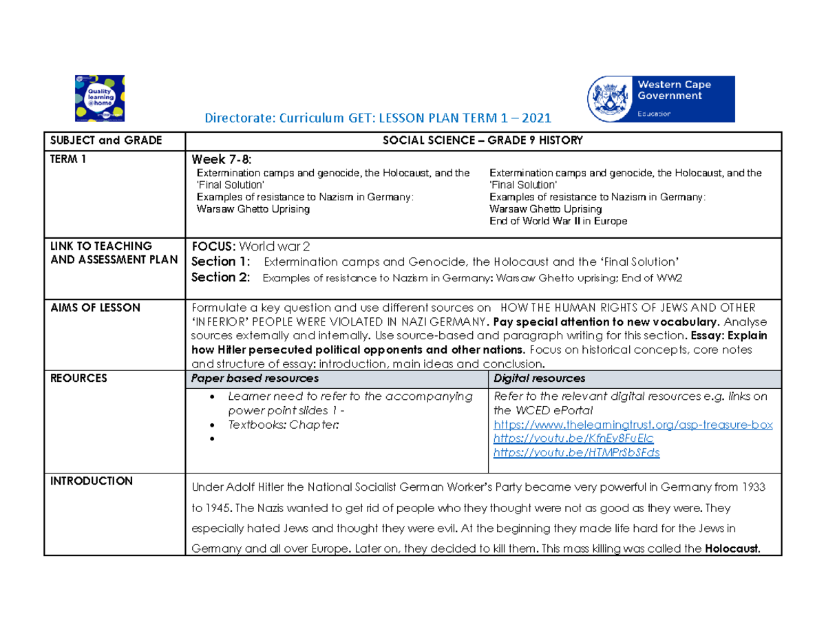 Lesson Plan SP Grade 9 SS History T1 W7&8 - Directorate: Curriculum GET ...