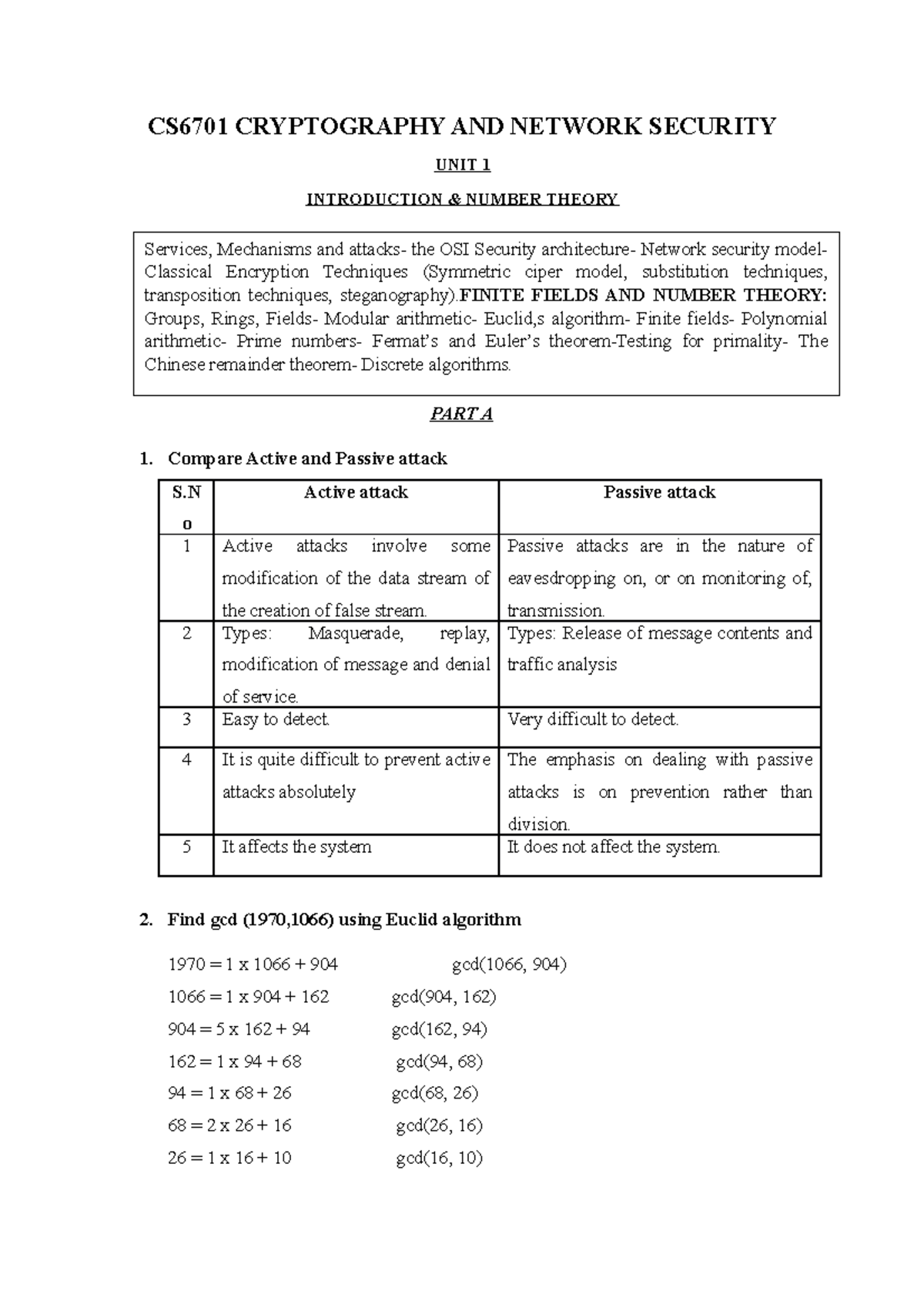 CNS unit 1 - CS6701 CRYPTOGRAPHY AND NETWORK SECURITY UNIT 1 INTRODUCTION & NUMBER THEORY PART A ...