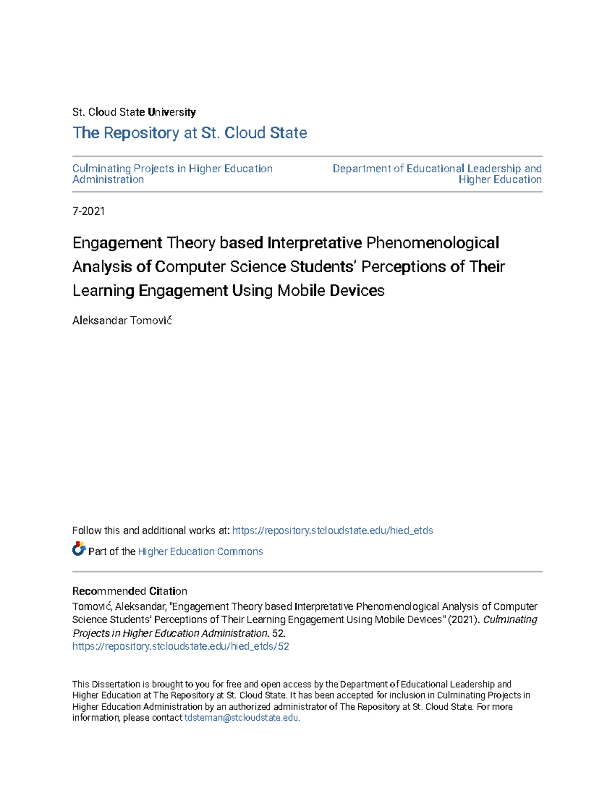 Engagement Theory based Interpretative Phenomenological Analysis - St ...