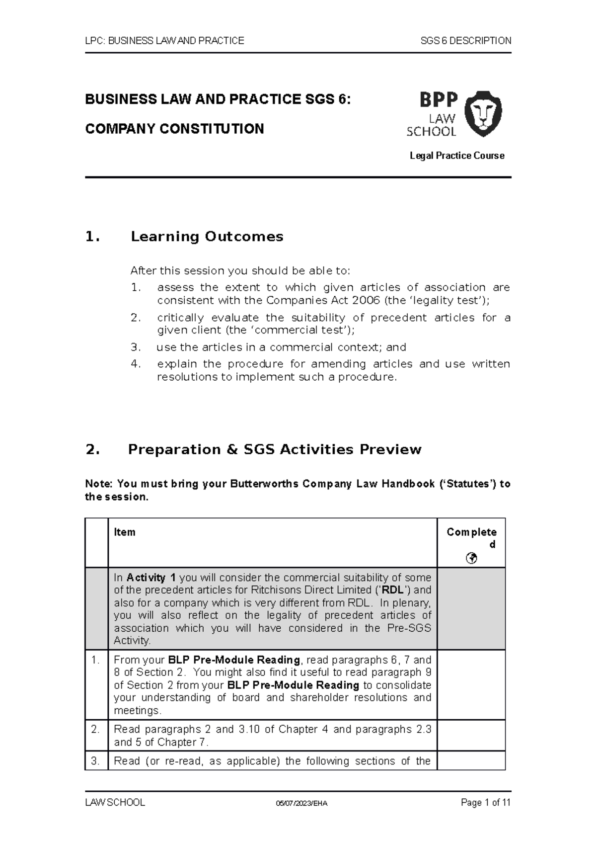 BLP SGS 6 Description 22-23 - BUSINESS LAW AND PRACTICE SGS 6: COMPANY ...