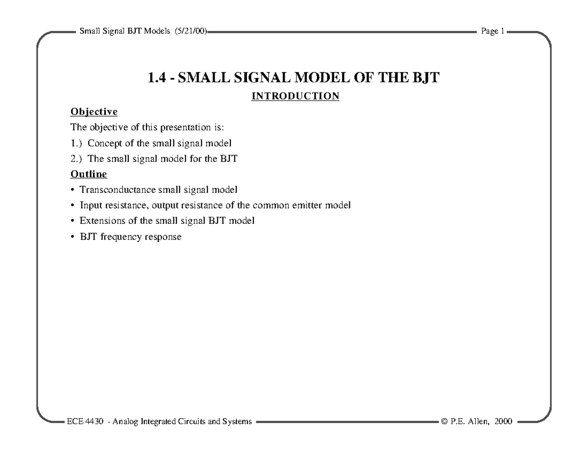 BJT Smallsignal - Small Signal BJT Models (5/21/00) Page 1 ECE 4430 ...