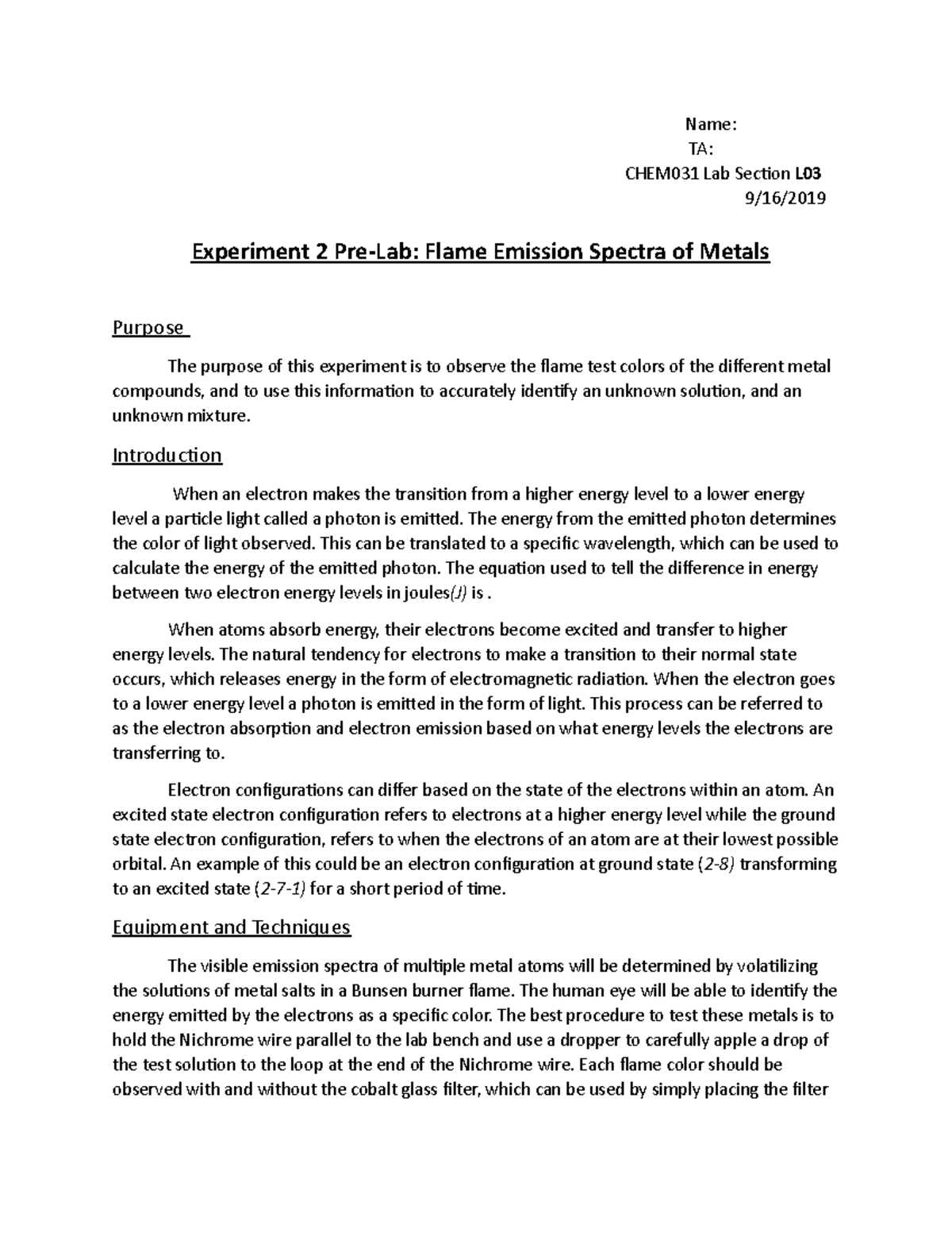 Lab 2 Pre-Lab Flame Emissions - Name: TA: CHEM031 Lab Section L 9/16 ...