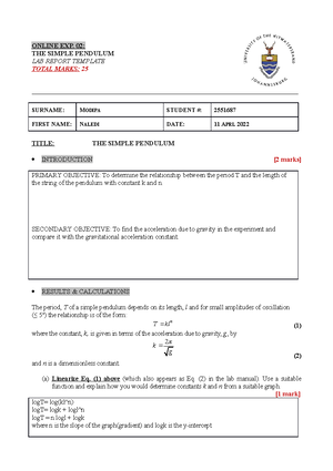 Online Exp02 - Simple Pendulum - Lab Report Template-1 - ONLINE EXP. 02 ...