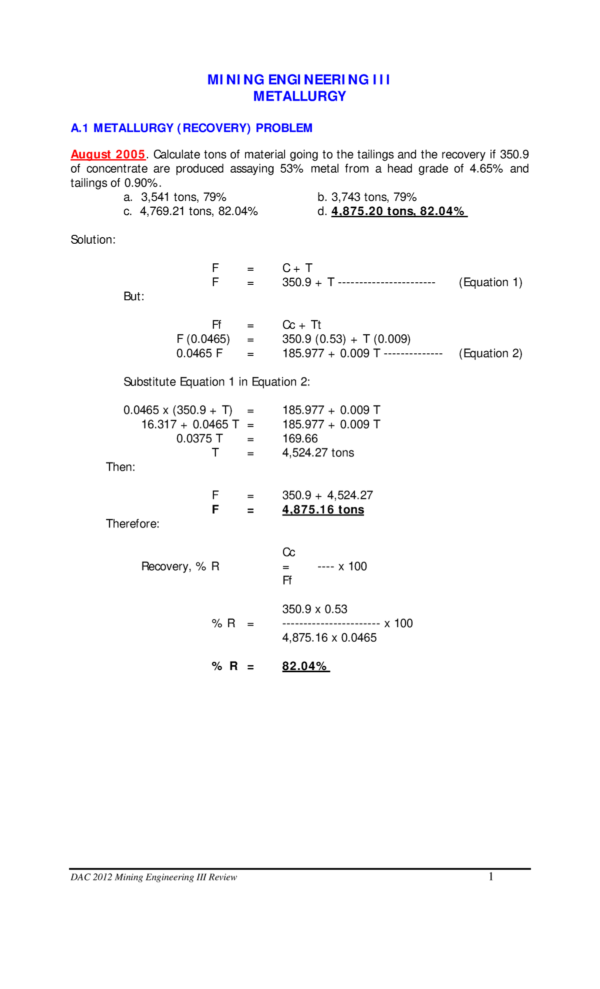 Mining Engineering III Applied Mathematics Solutions - MI NI NG ENGI ...