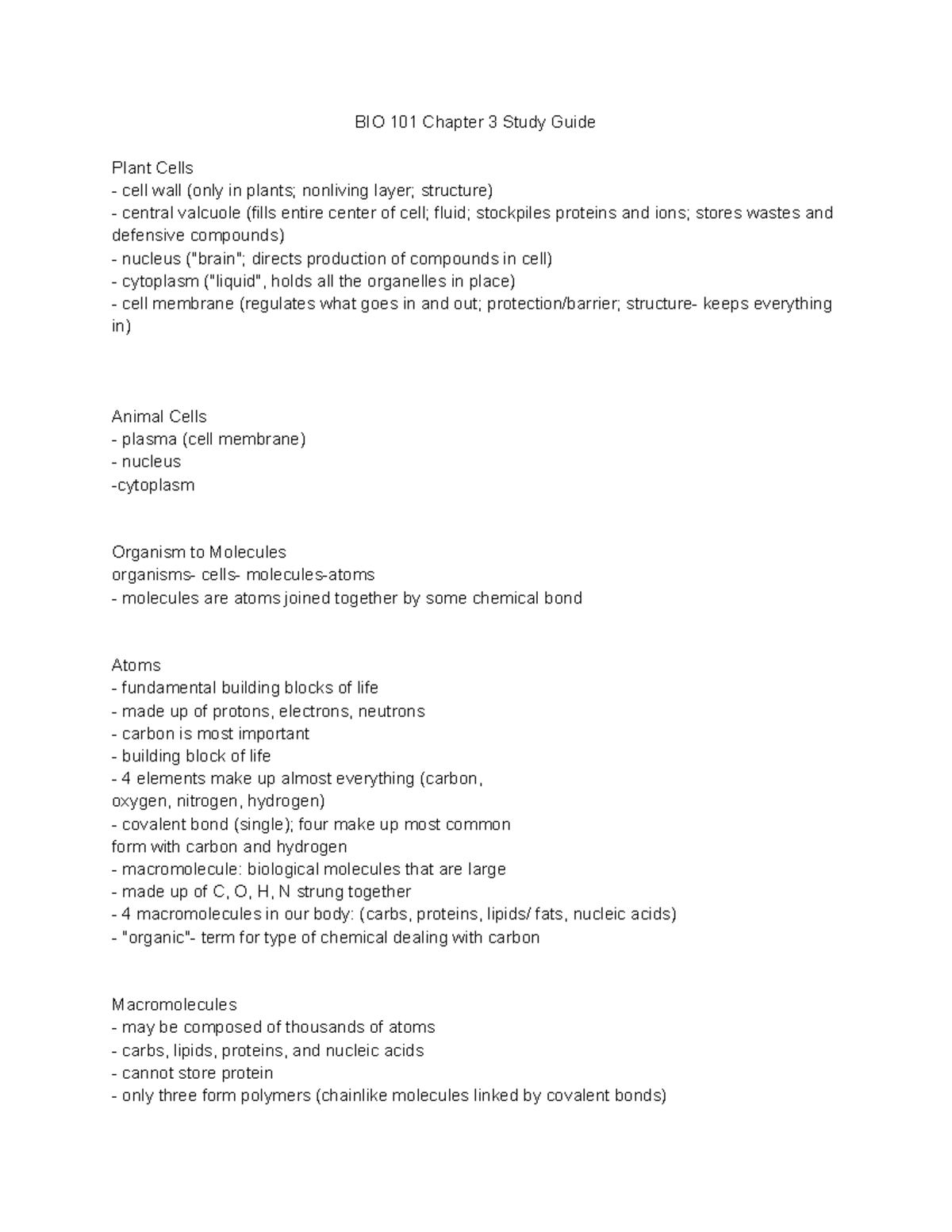 BIO 101 Chapter 3 - Biology practice quiz number 3 - BIO 101 Chapter 3 Study Guide Plant Cells ...