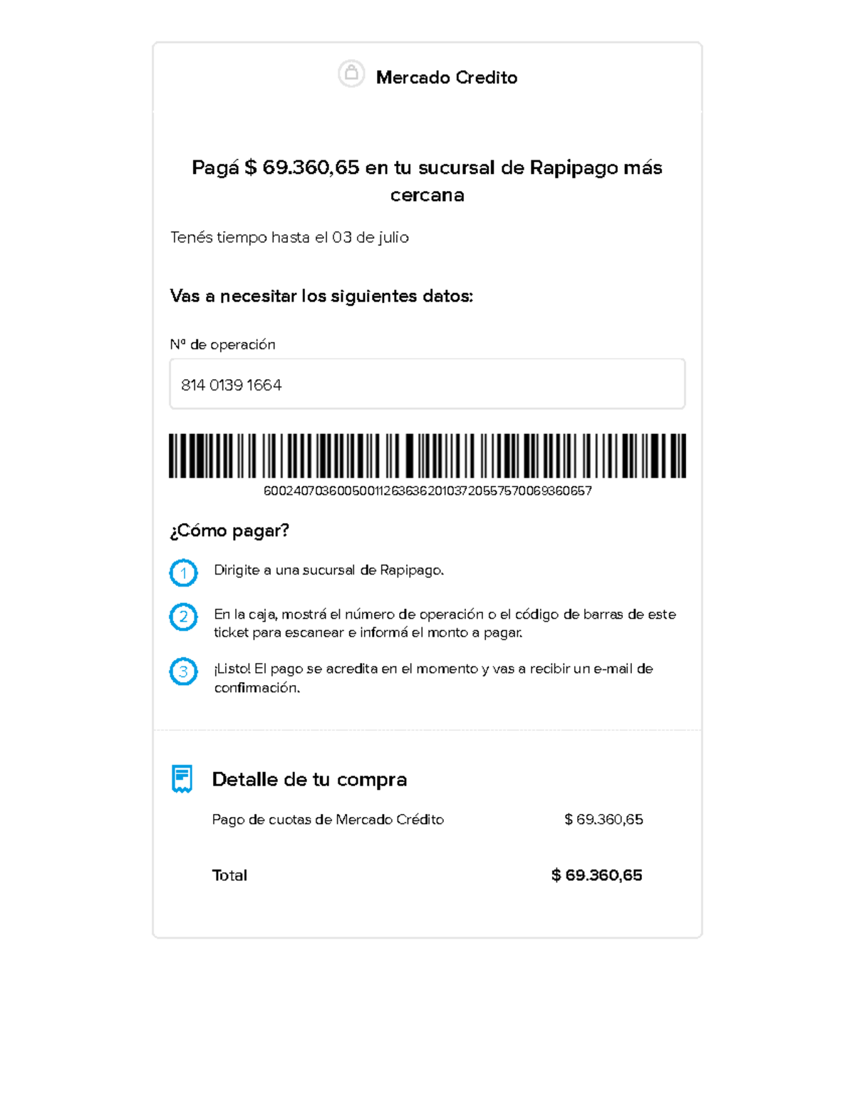 Cupon MP Herrera Ezequiel Flavio - Mercado Credito Pagá $ 69,65 en tu ...