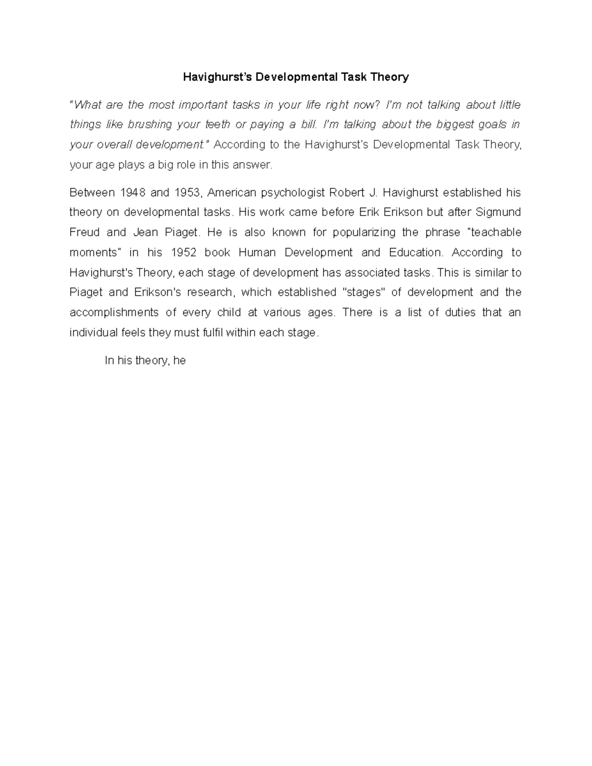 Havighurst - Notes - Havighurst’s Developmental Task Theory “What are ...