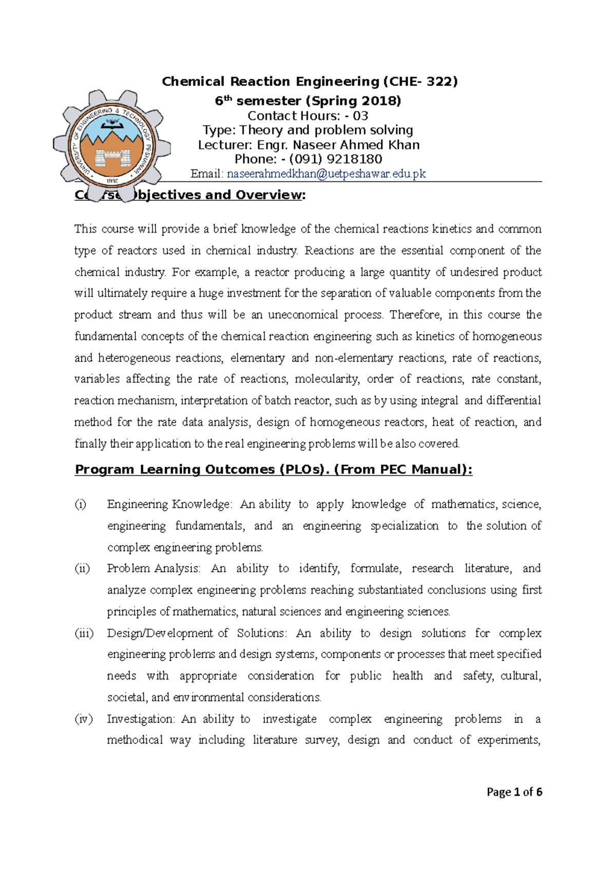 Chemical reaction Engineeering Course Outline PLO CLO - Chemical ...