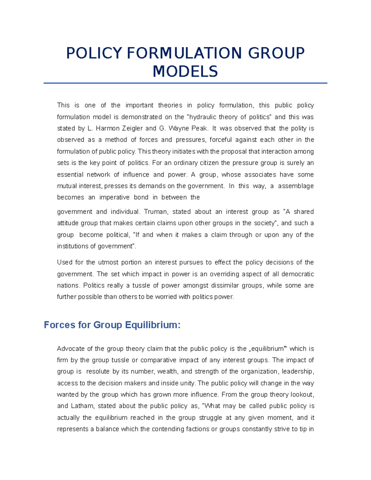 P Olicy Formulation Group Models - POLICY FORMULATION GROUP MODELS This ...