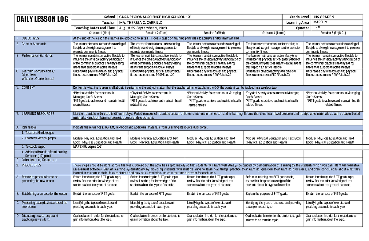 Daily- Lesson-LOG - dll - DAILY LESSON LOG School GUSA REGIONAL SCIENCE ...