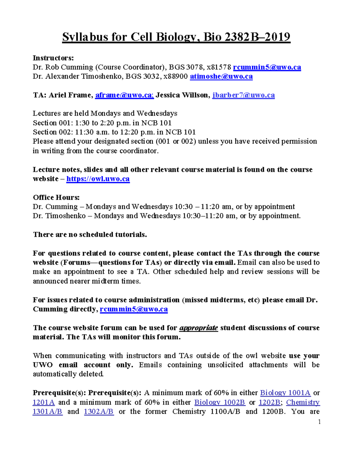 Biology 2382B Course Outline 2019 - Syllabus for Cell Biology, Bio ...