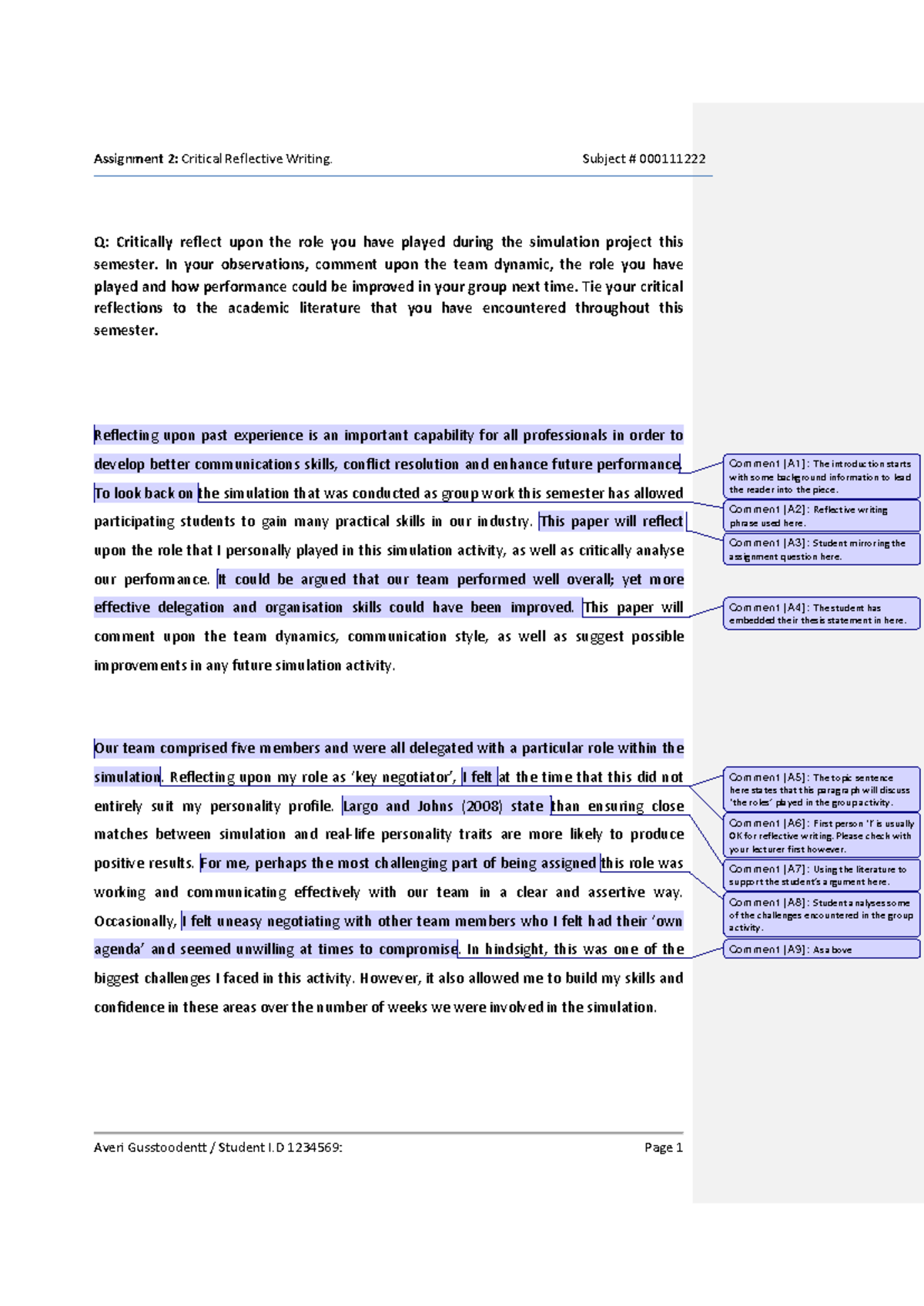 Critical Reflective Writing (Sample Essay - General) - Q: Critically ...