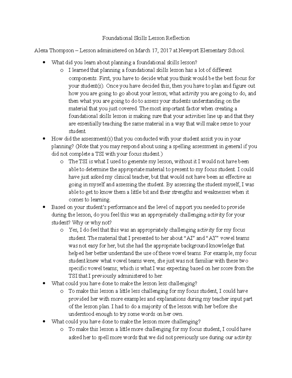 Foundational Skills Lesson Reflection - What did you learn about ...