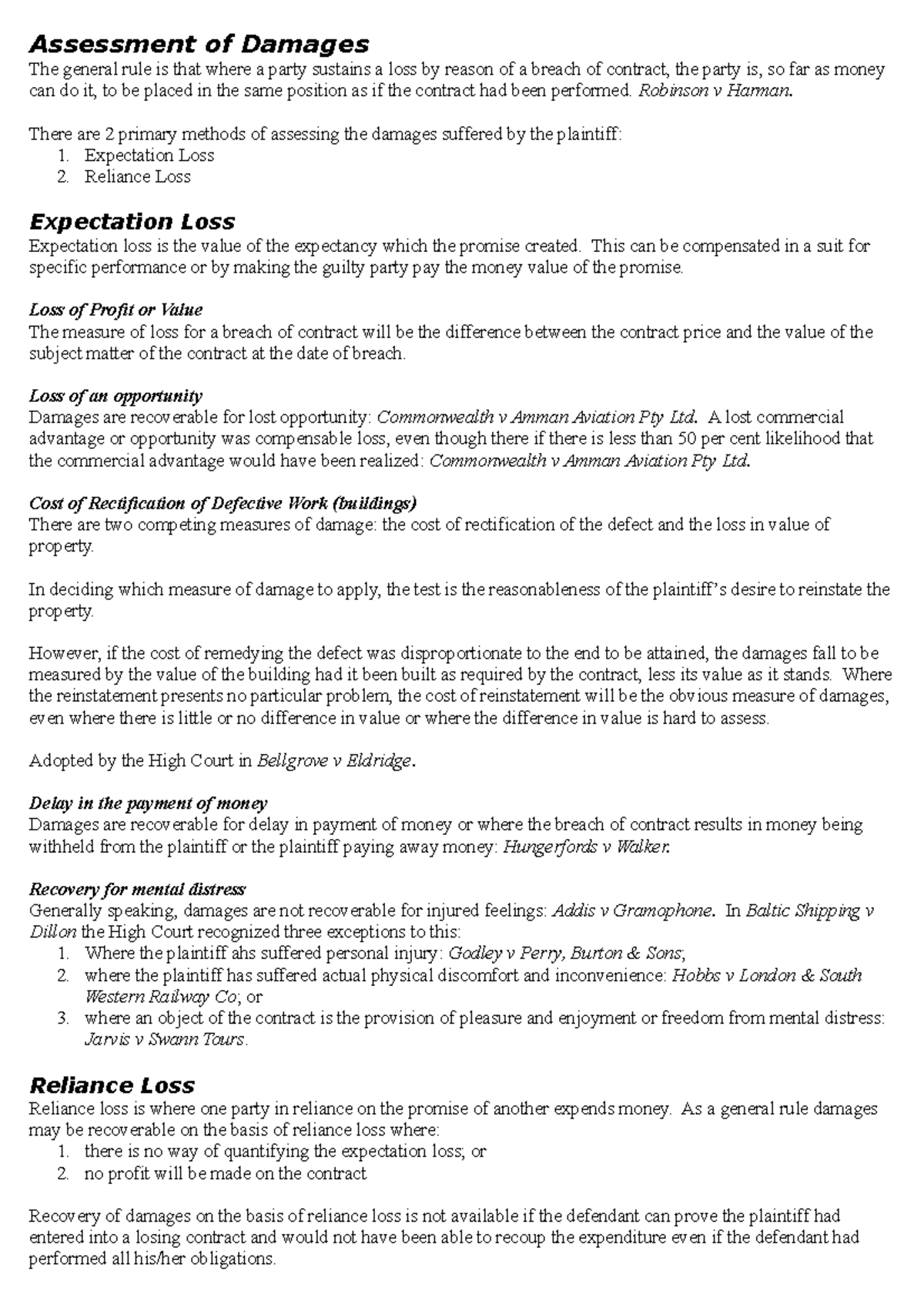 Assessment of Damages - Summary Contracts - Assessment of Damages The ...