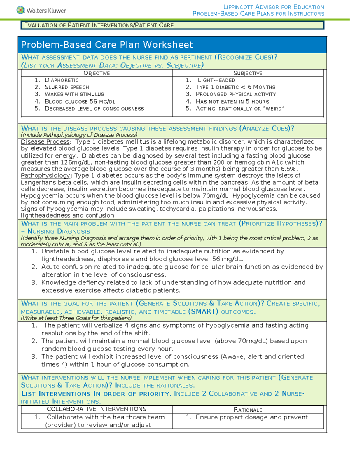 Diabetes Care Plan - PROBLEM-BASED CARE PLANS FOR INSTRUCTORS ...