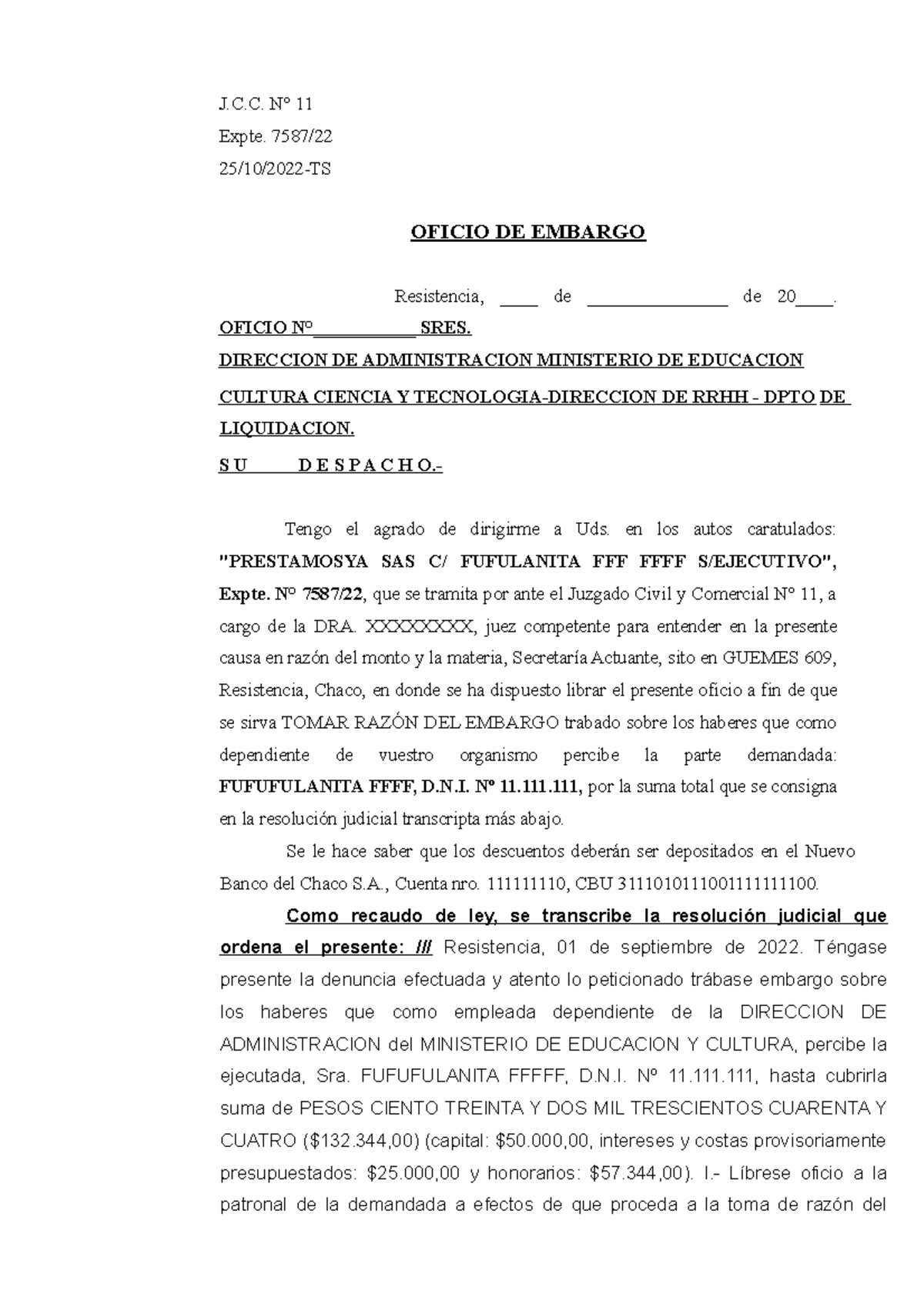 Oficio DE Embargo Ejecutivo - J.C. N° 11 Expte. 7587/ 25/10/2022-TS ...
