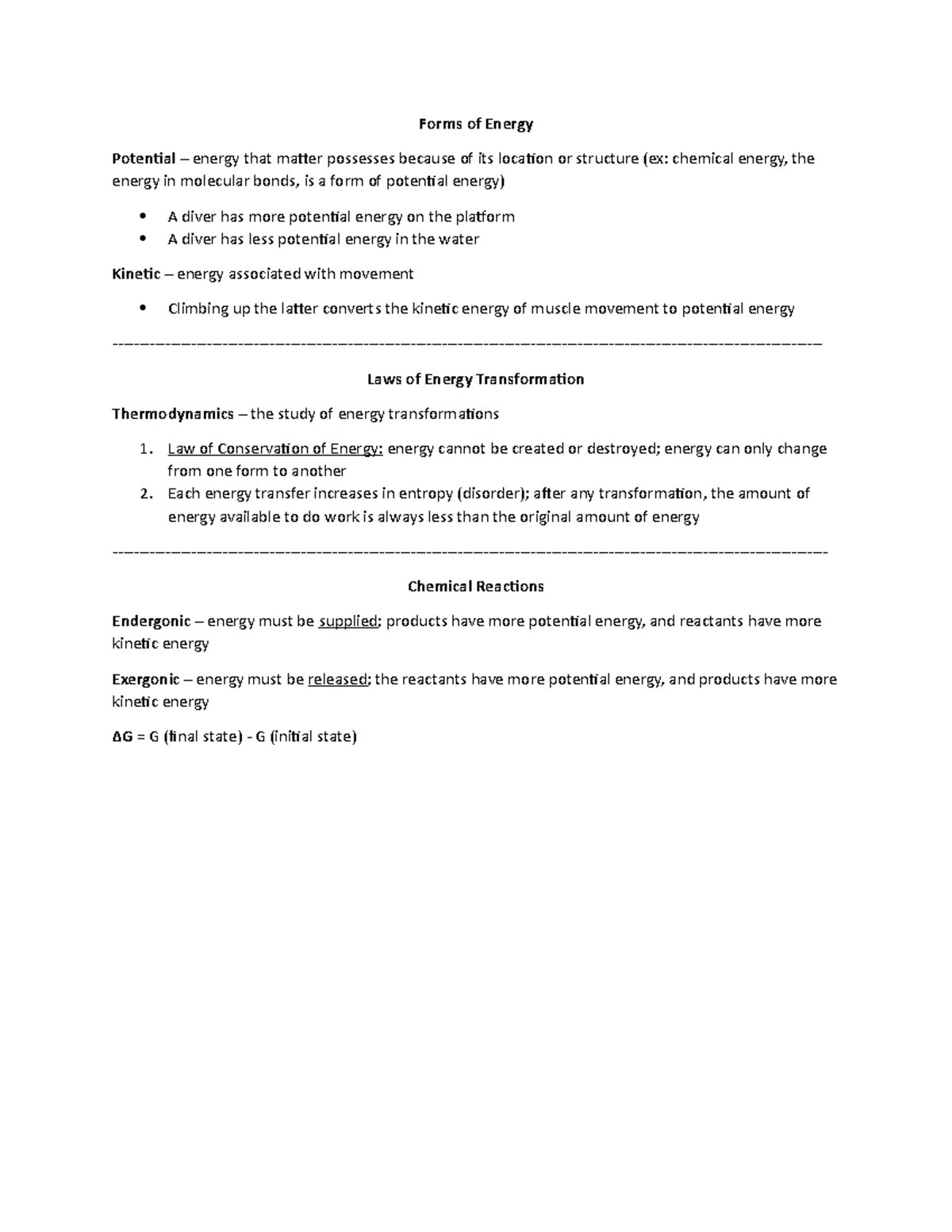 Ch 6- Energy & Metabolism - Forms of Energy Potential – energy that ...