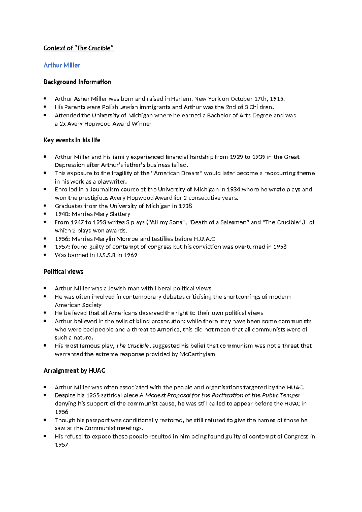 Context of Te Crucible Notes - Context of “The Crucible” Arthur Miller ...