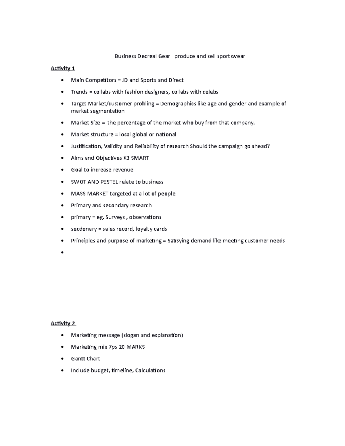 Marketing exam notes - coursework - Business Decreal Gear produce and ...