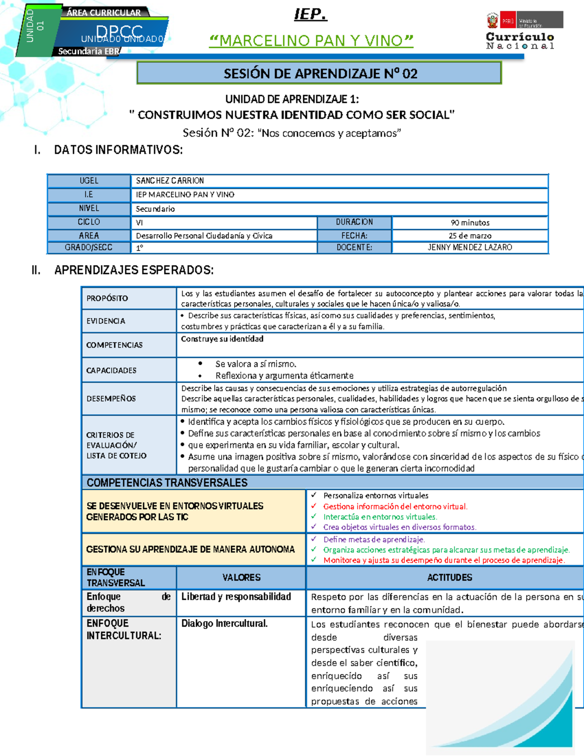 1º DPCC SES 2 UNI 1 SEM 01 - 2023 - IEP. “MARCELINO PAN Y VINO” Secundaria EBR UNIDAD 01 ÁREA ...