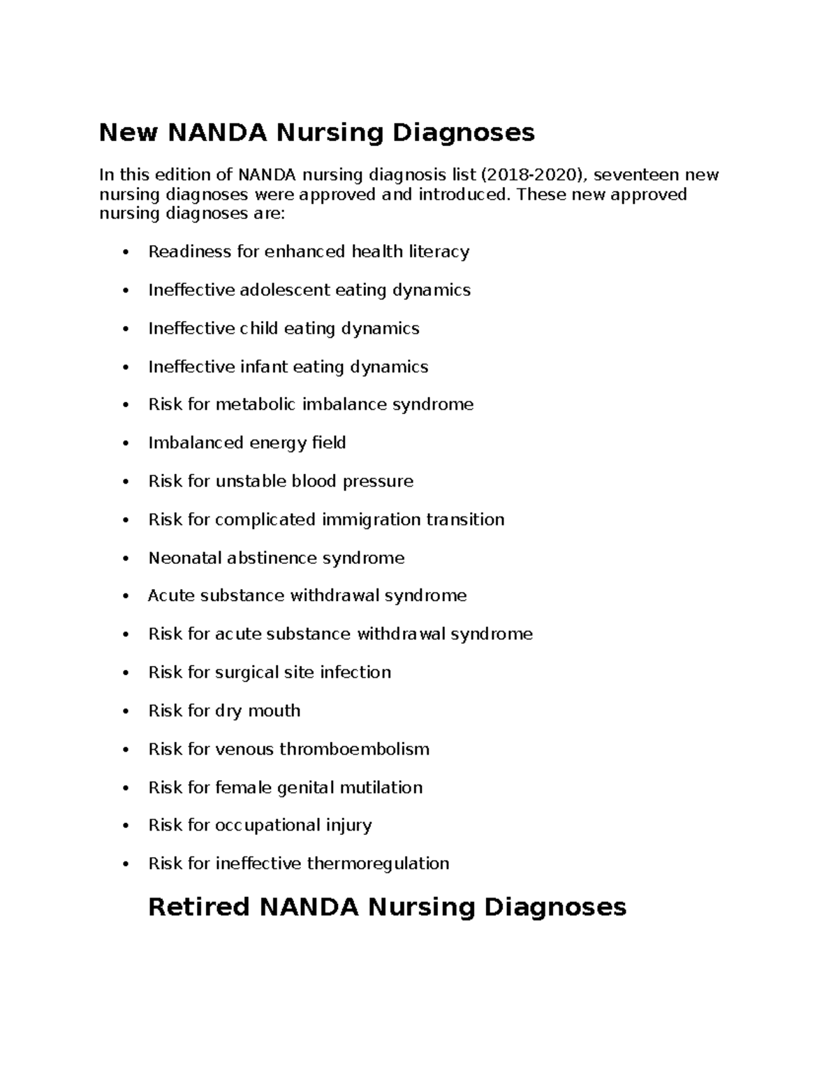 New Nursing Diagnoses Retired Nursing Diagnoses - New NANDA Nursing ...