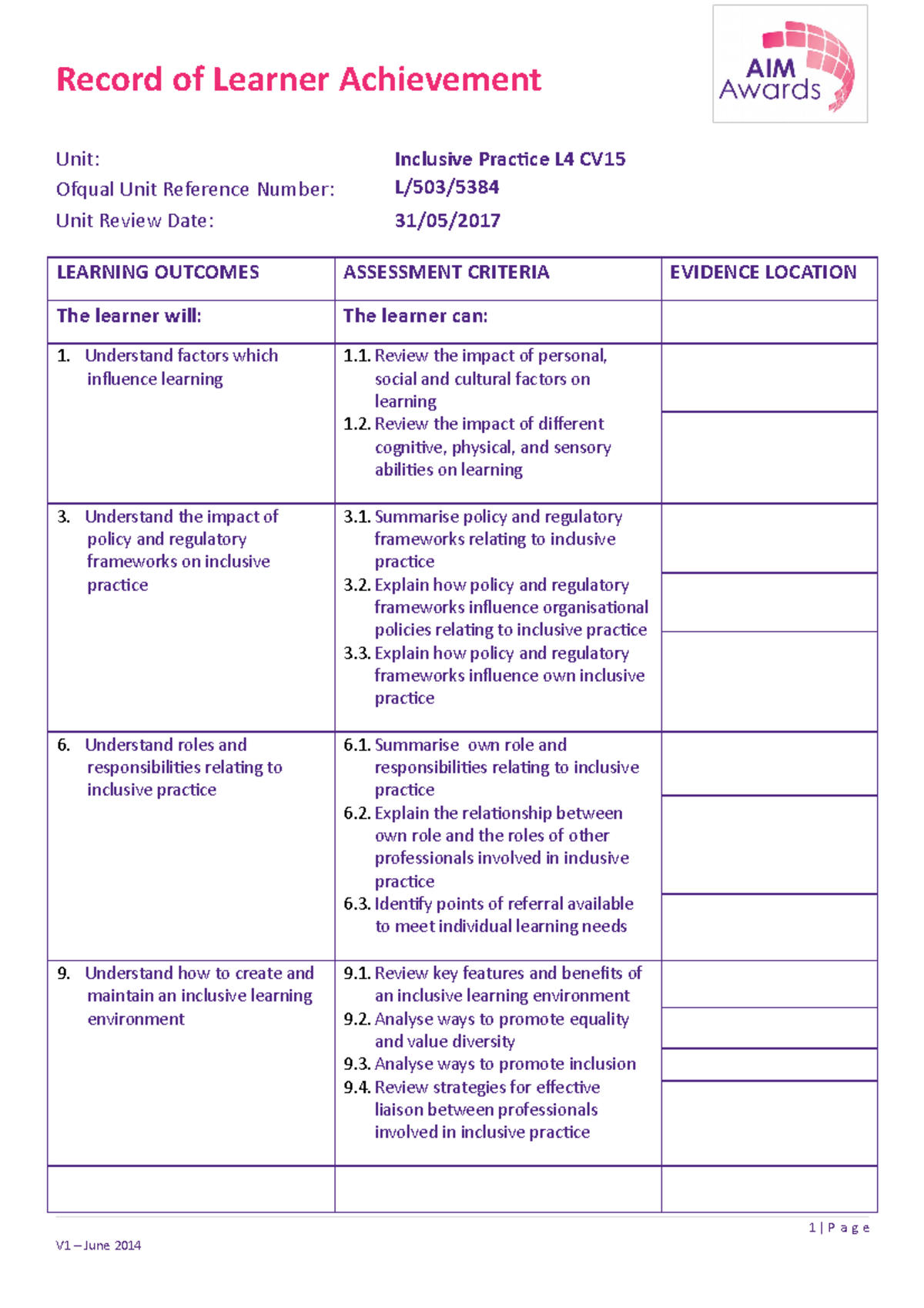 Inclusive Practice L4 CV15 Record of Learner Achievement V1 - Record of ...